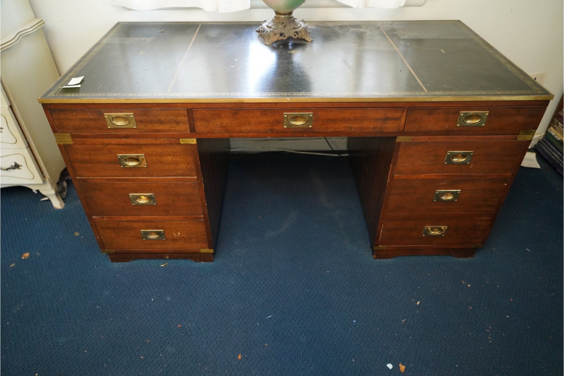 BANKERS STYLE -SOLID WOOD, LEATHER TOP DESK WGOLD HARDWARE BY REPRODUX ...