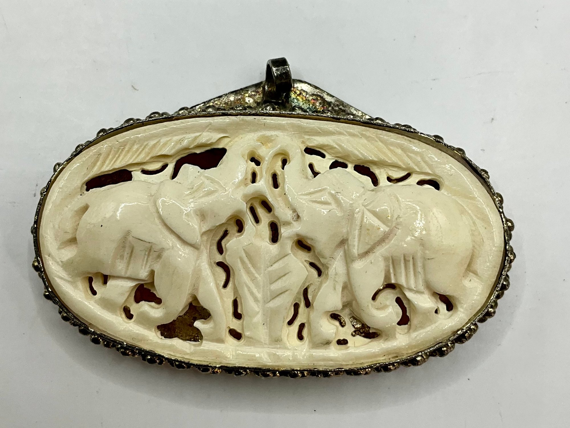 Vintage Hand Carved Ivory Tone And Sterling Silver Oval Charm/pendant ...