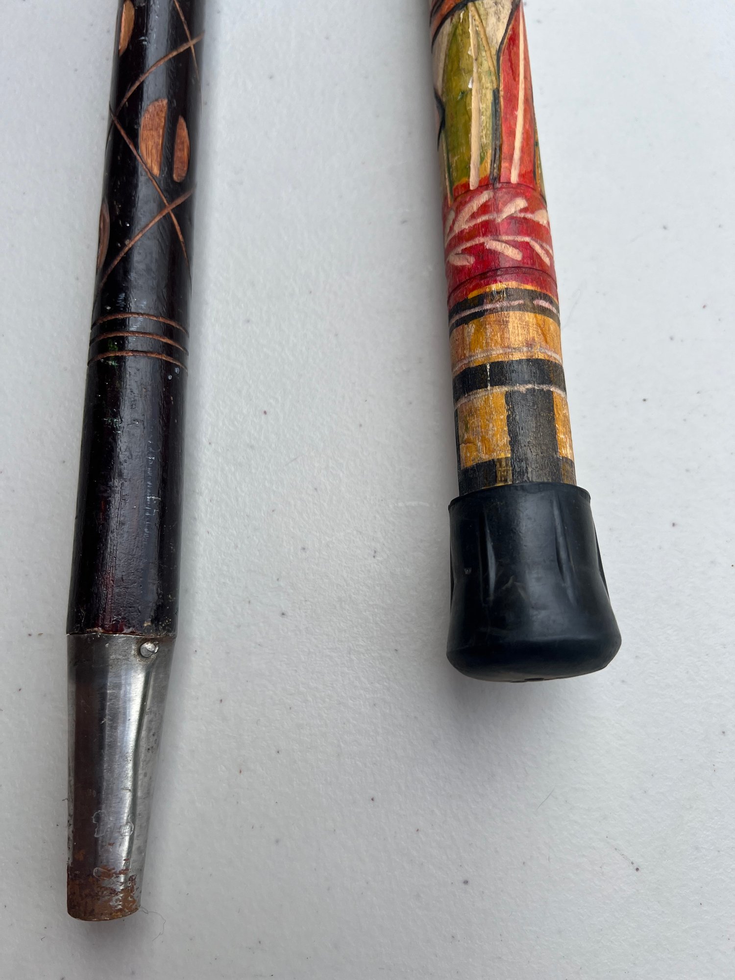 (2) Vintage Hand Carved And Painted Wooden Canes With Leki Fishpond ...