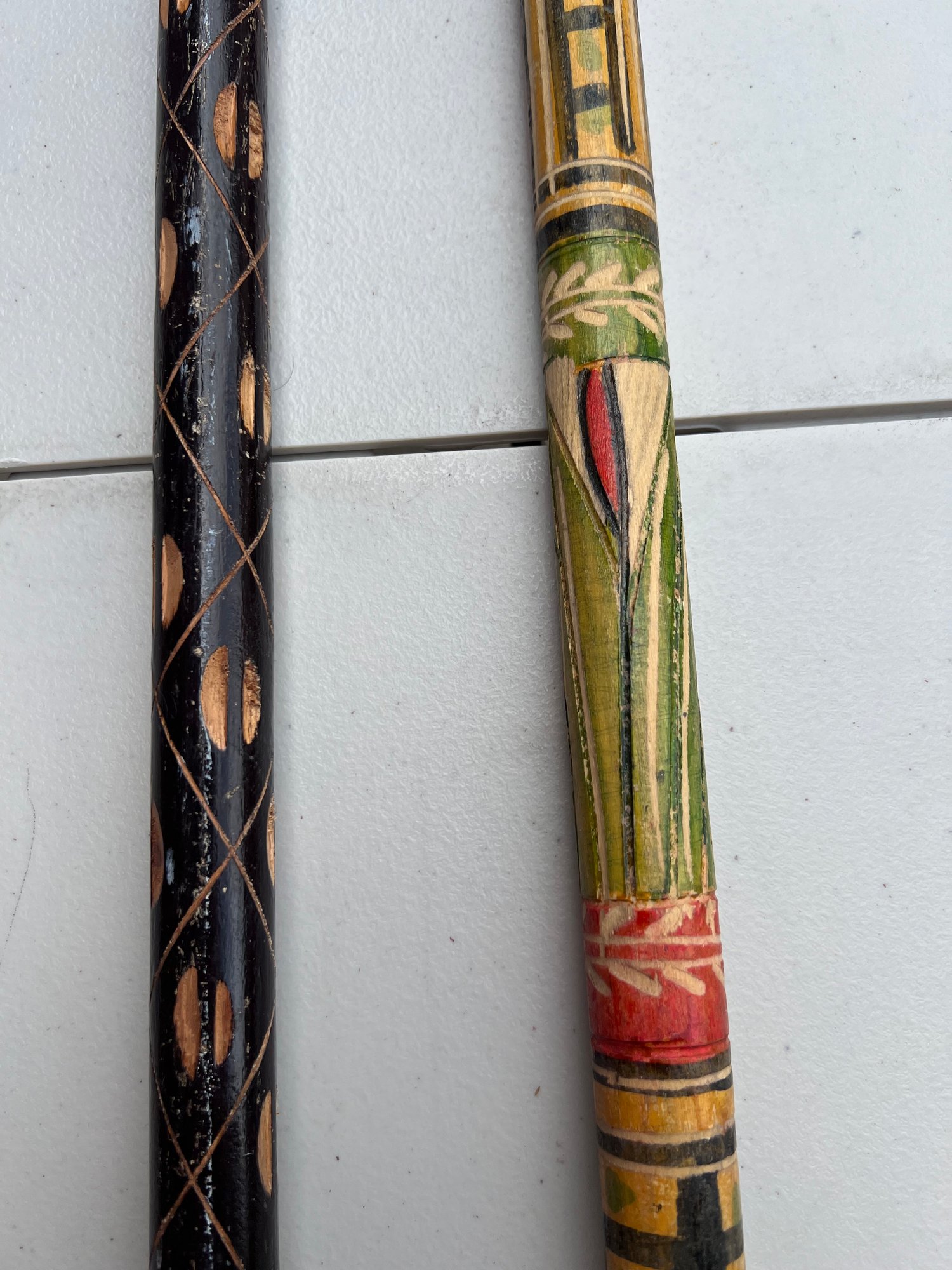 (2) Vintage Hand Carved And Painted Wooden Canes With Leki Fishpond ...