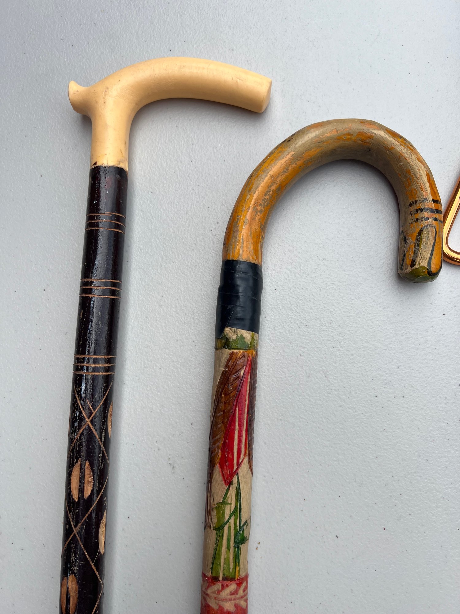 (2) Vintage Hand Carved And Painted Wooden Canes With Leki Fishpond ...
