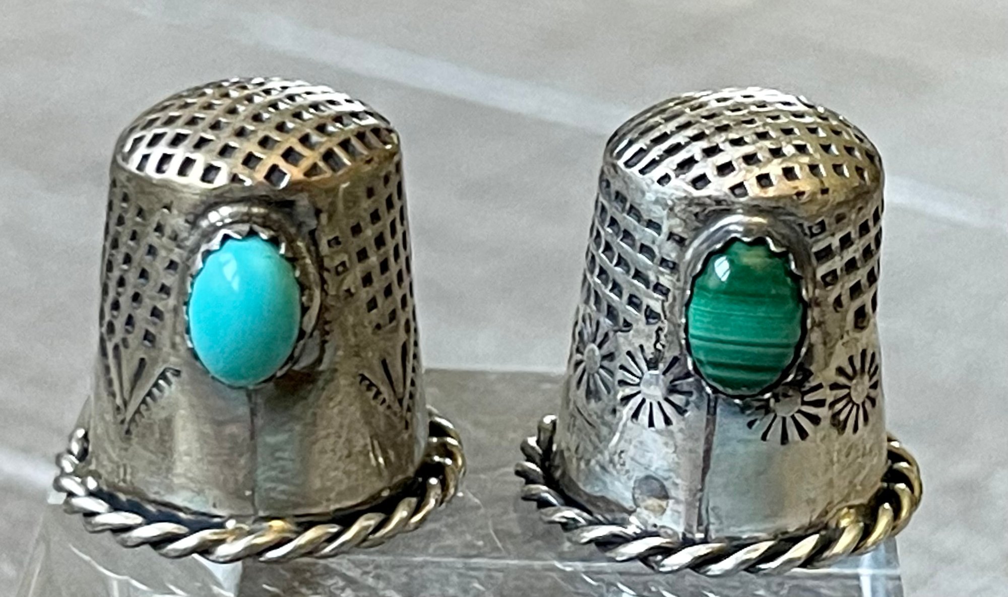 2 Herbert Tsosie Sterling Silver Thimbles One Turquoise & One Malachite ...