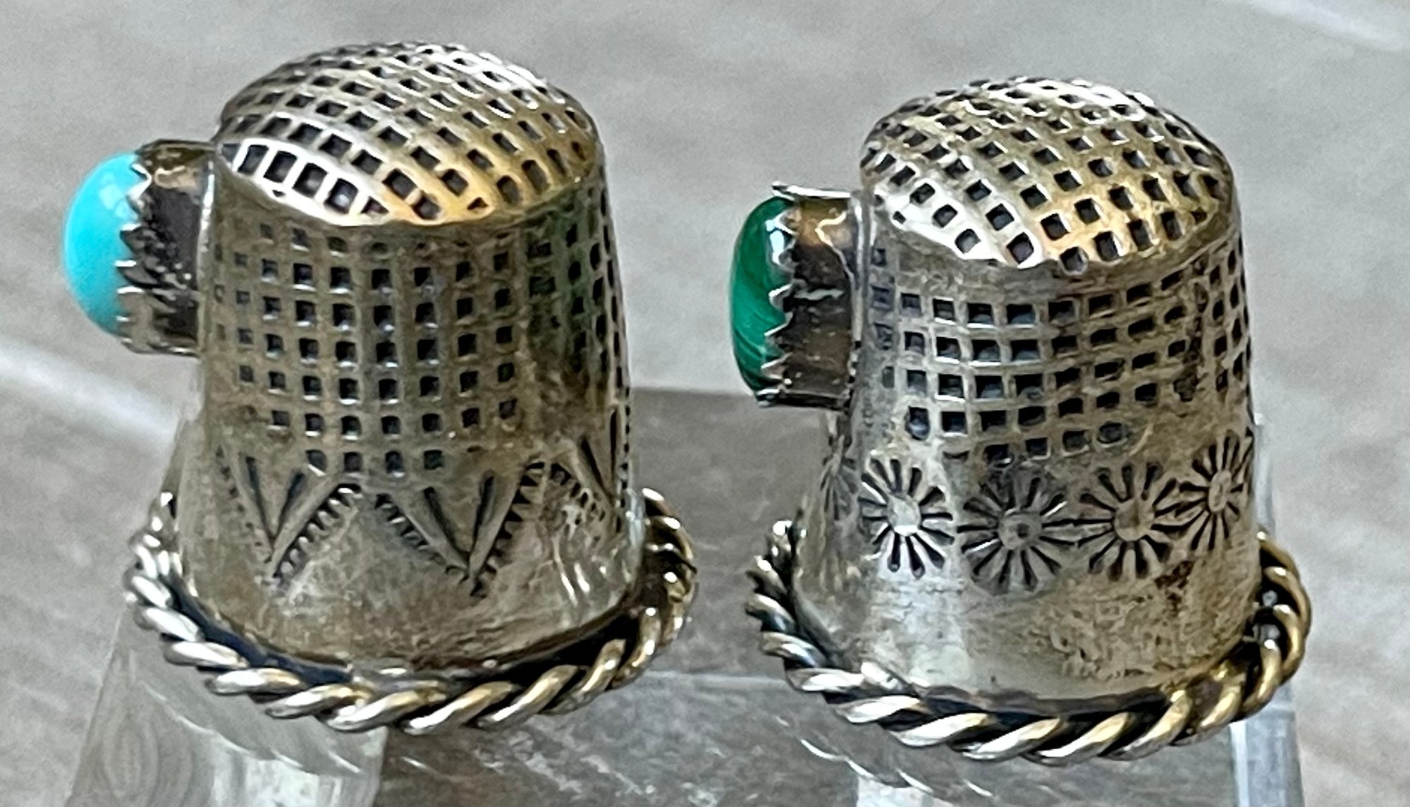 2 Herbert Tsosie Sterling Silver Thimbles One Turquoise & One Malachite ...