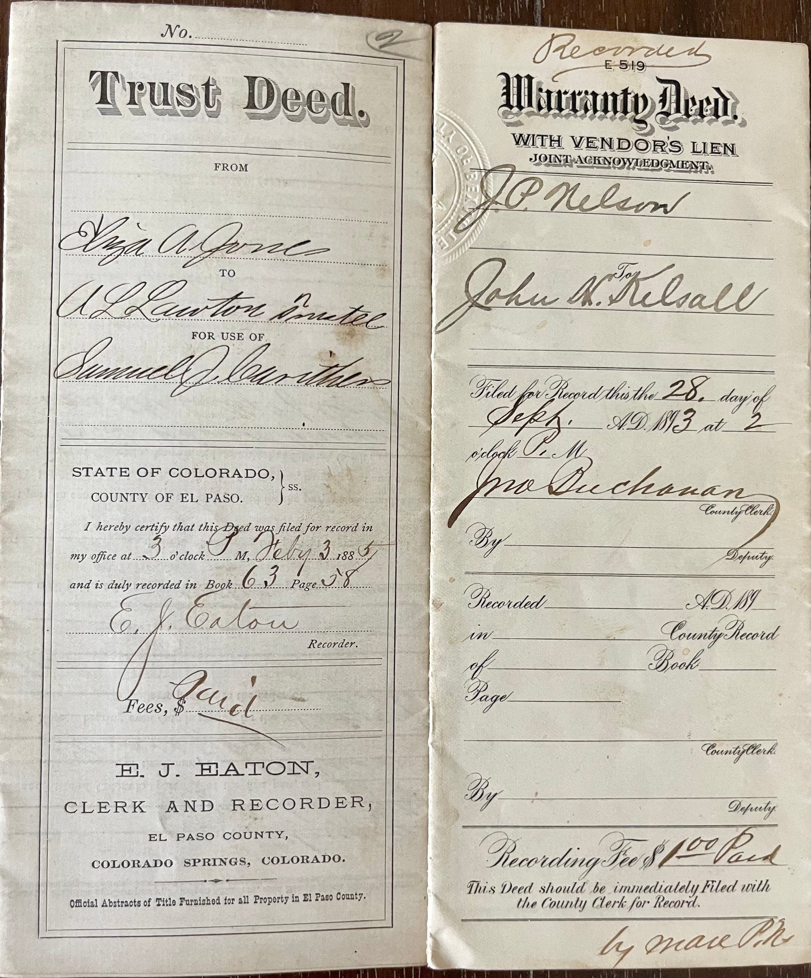 (2) Historical Documents Trust Deed & Warranty Deed - 1885 & 1893 Texas ...
