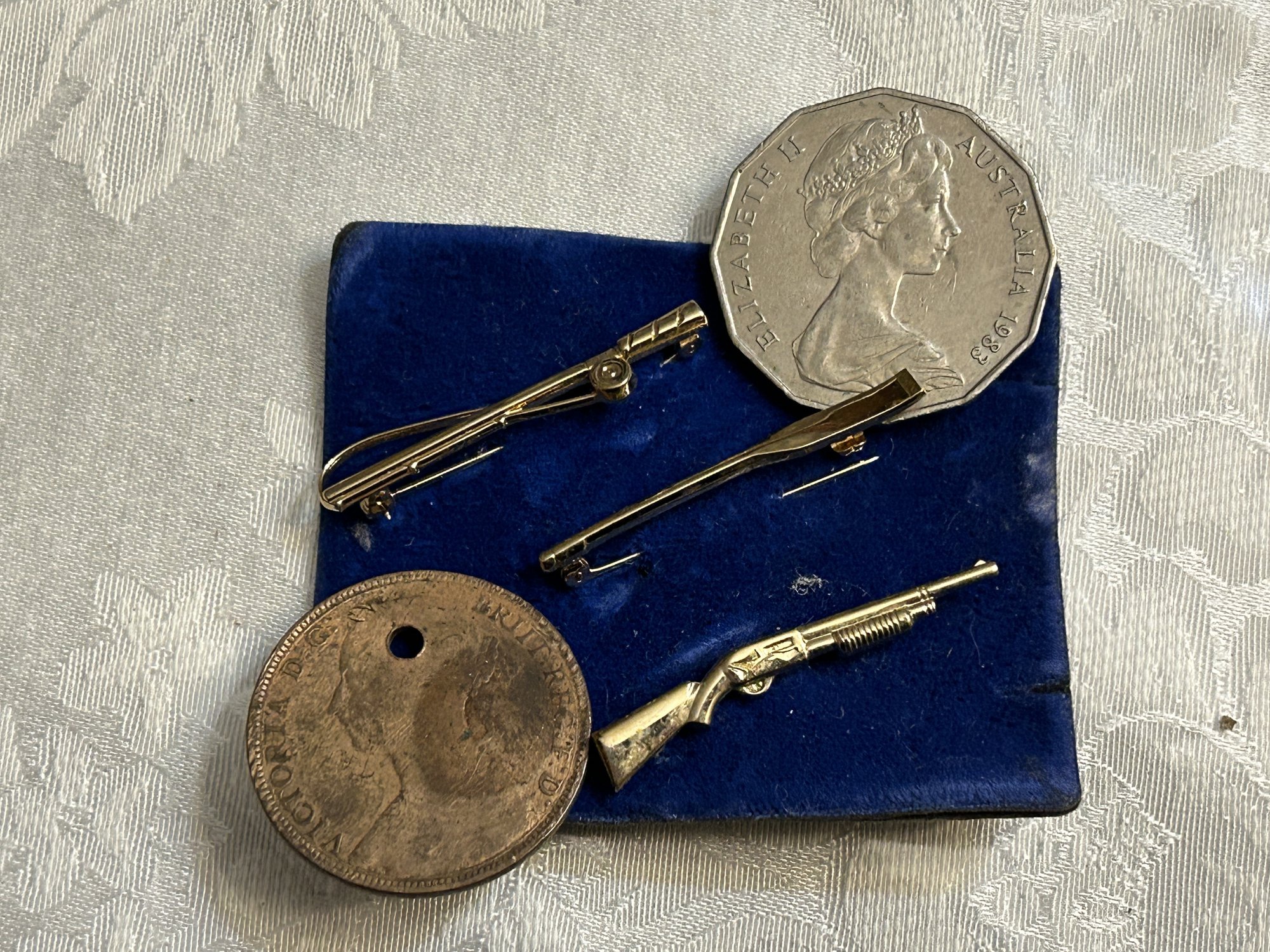 3 Pins & Australian C1983 50 Cent Coin, British C1890 Penny - Rifle Pin ...