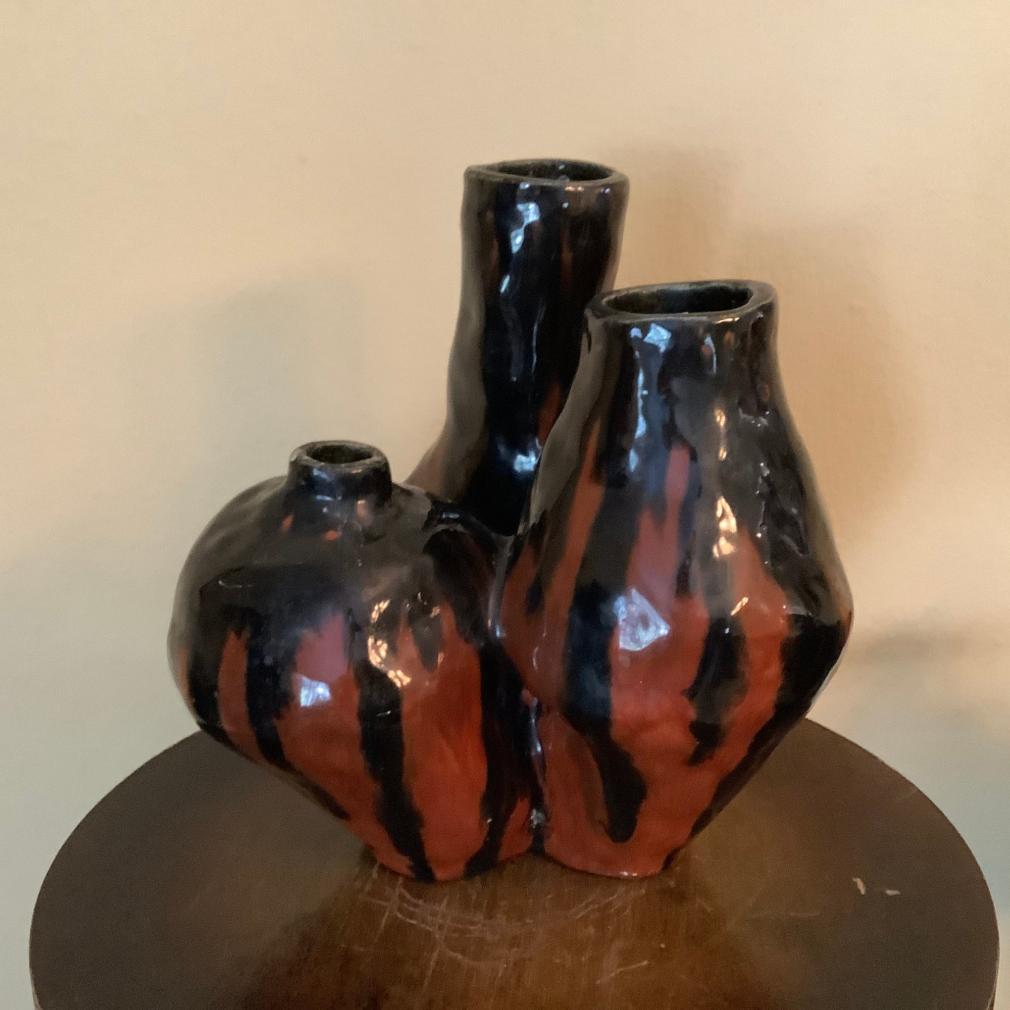 Signed Artisan Triple Pottery Vase With Unique Shape, Heavily Glazed In ...