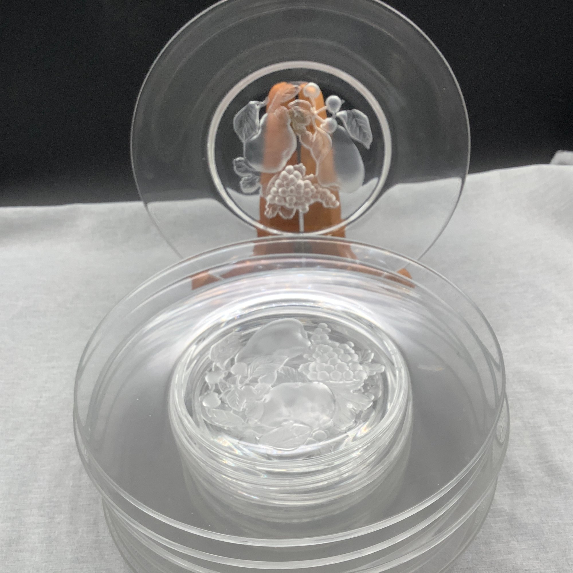 6 Val St.Lambert Belgium Crystal Plates With Satin Frosted Fruit Design ...