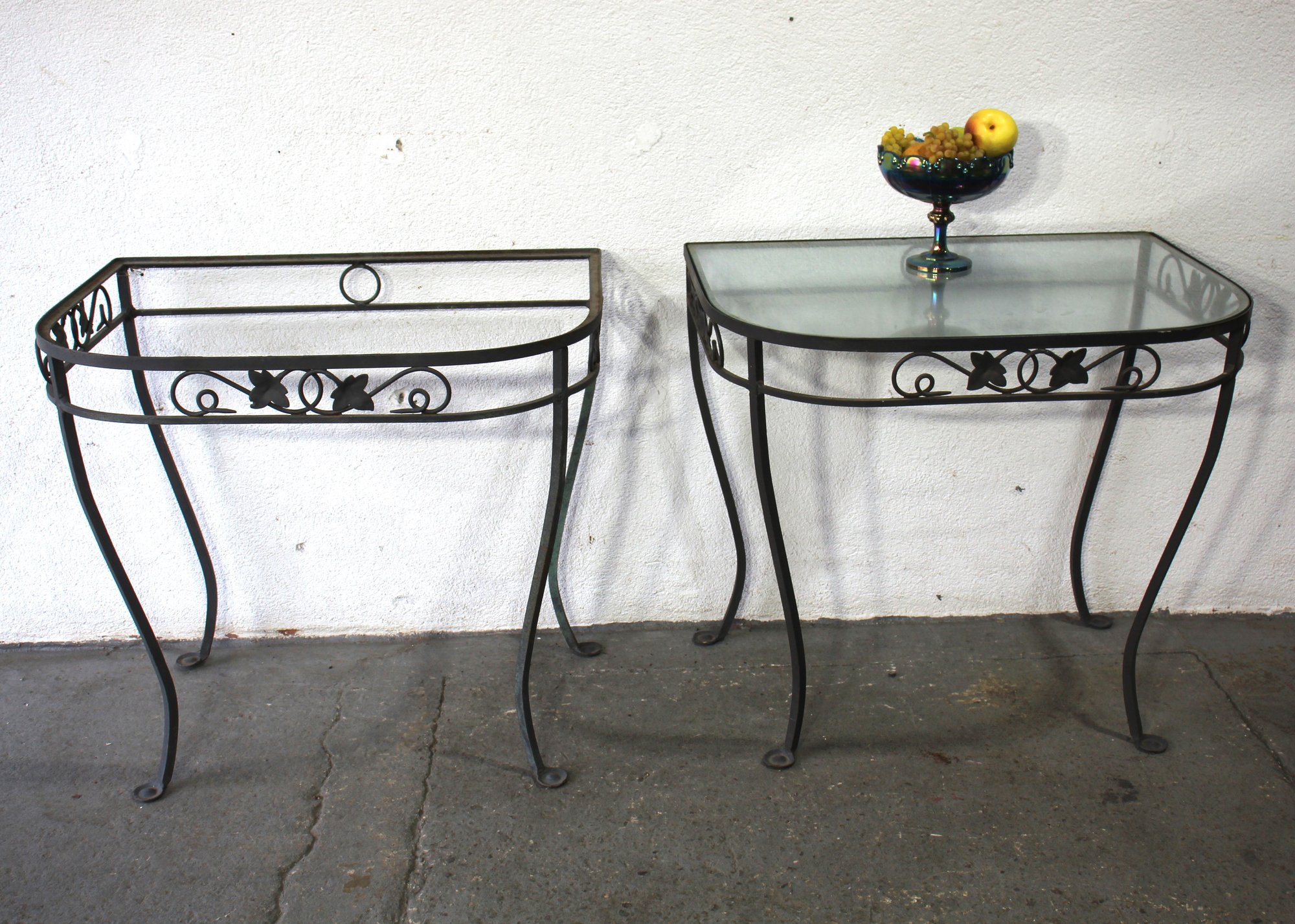 Pair Of Demilune Salterini Wrought Iron Patio Tables -(one Glass Top ...