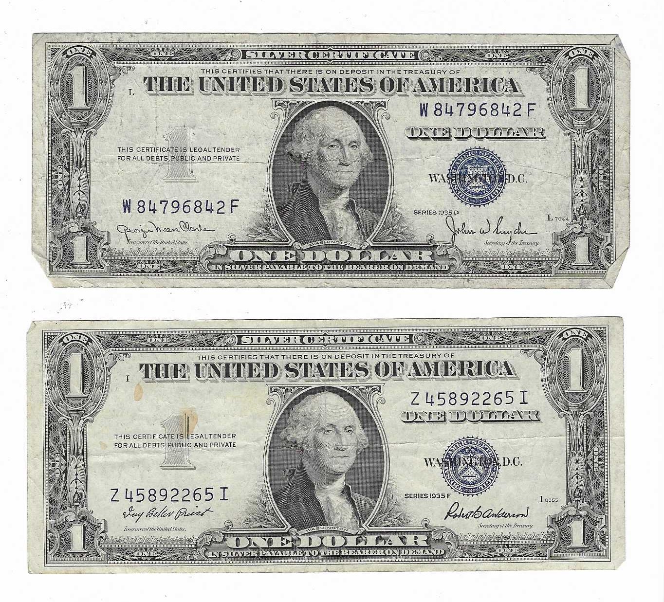 1935 D & F Silver Certificates Blue Seal $1 Notes #1780546 ...