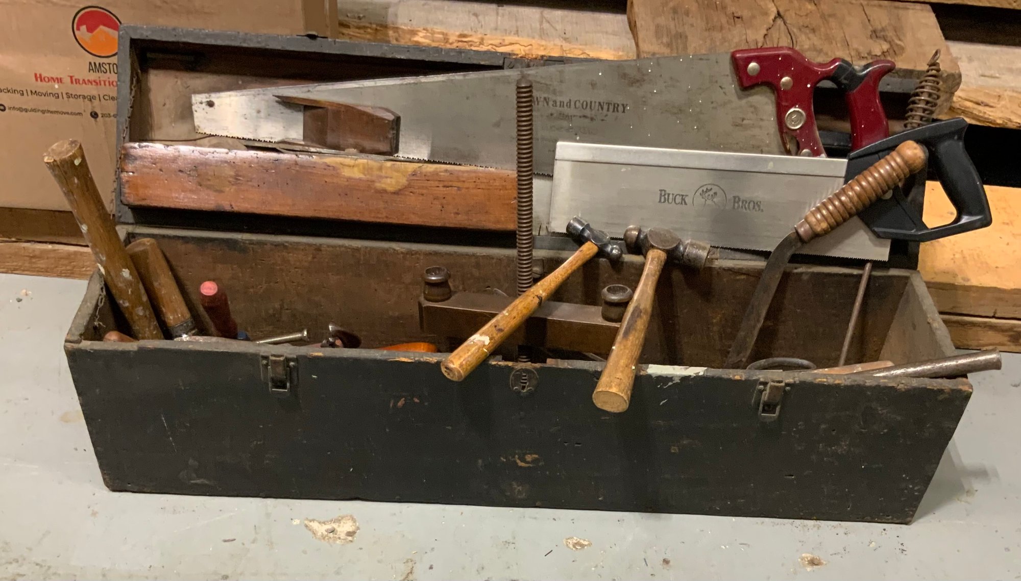 Antique Wood Box Full Of Tools ~ Disston Saw, Buck Bros Saw, Stanley ...
