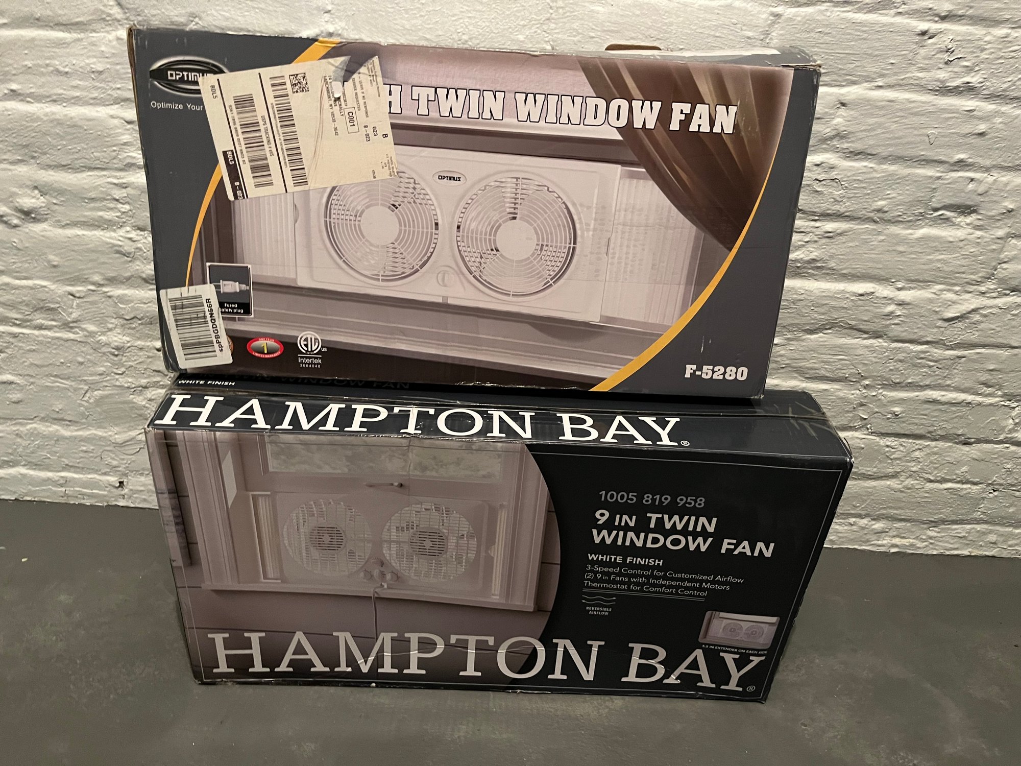 Two Twin Window Fans Hampton Bay And Optimus In Original Boxes ...