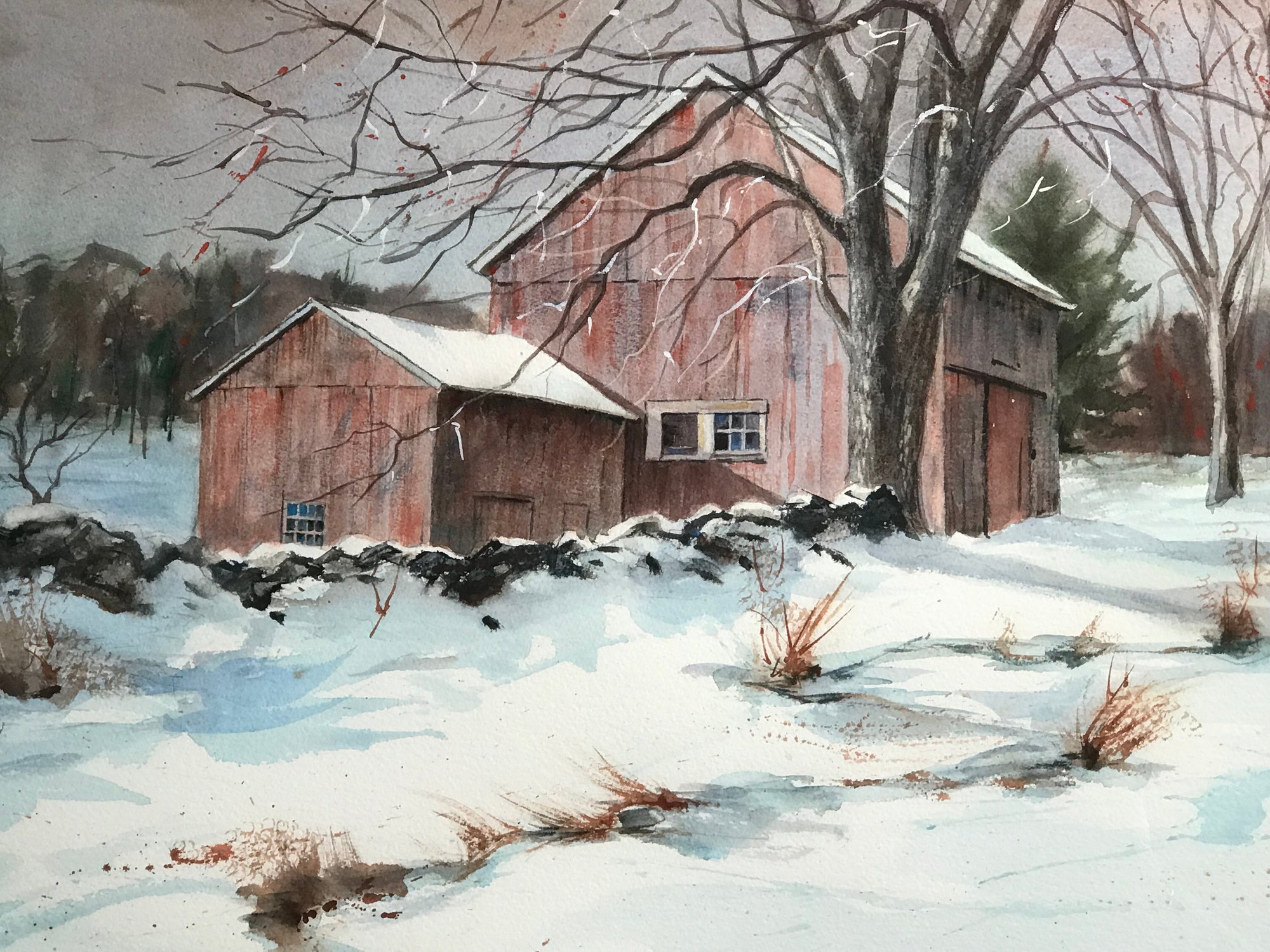 Paid $325 - Beautiful Original Watercolor WINTER FARM By Listed Artist ...