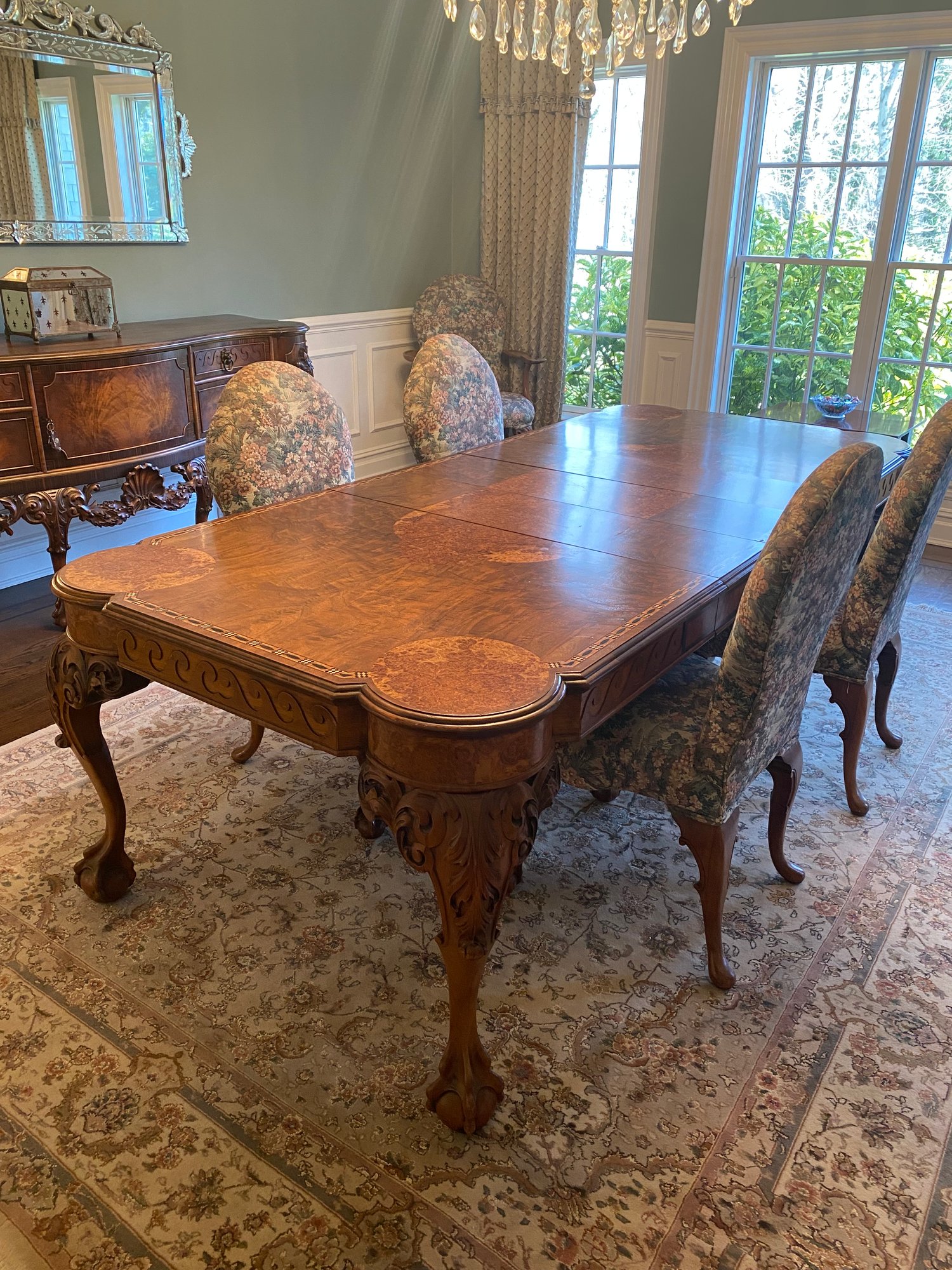 1800's Dining Table Wood Carved Detail With 6 Upholstered Chairs And ...