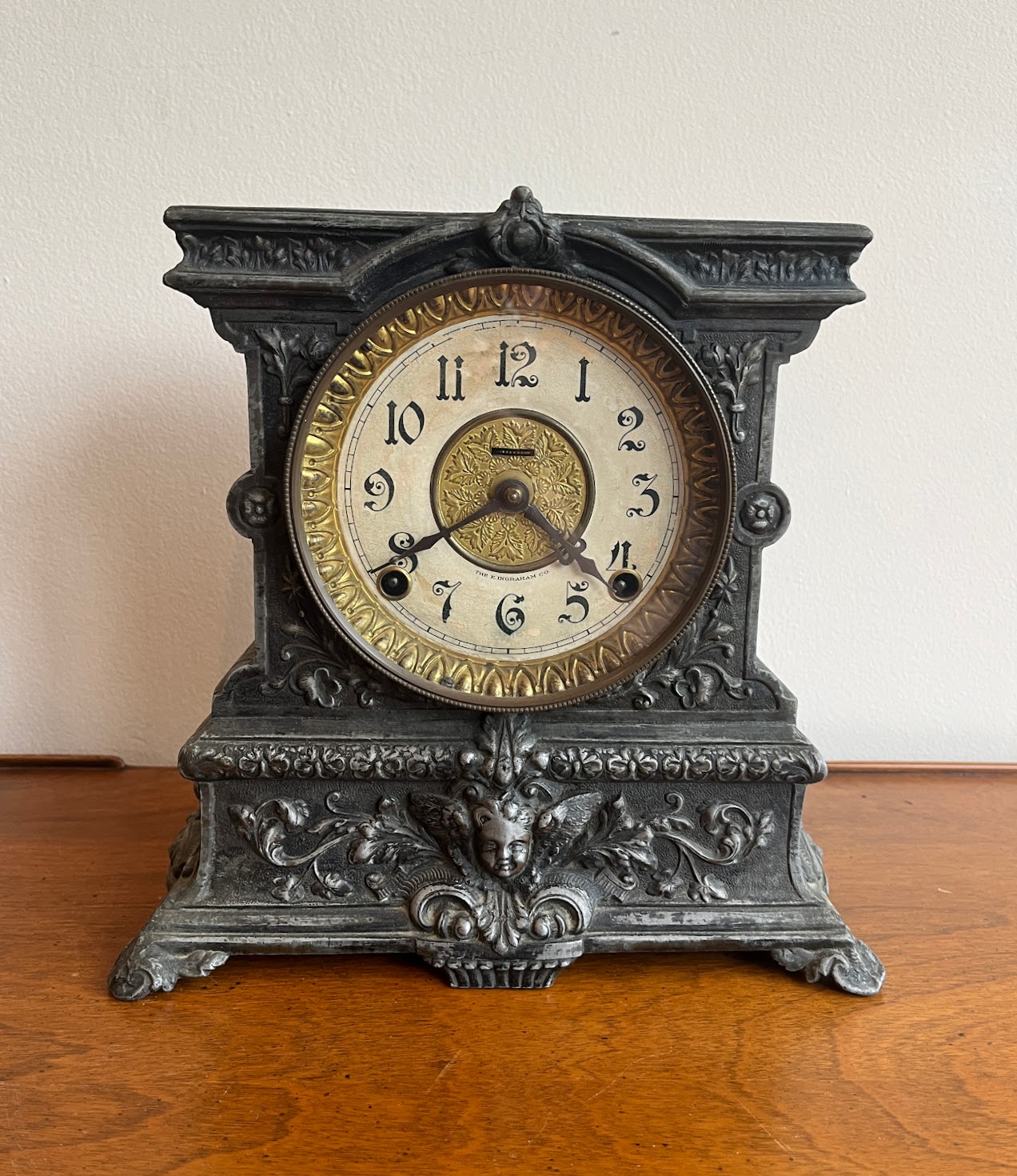 E. Ingraham Ornate Embossed Metal Mantle Clock #8398 | Auctionninja.com