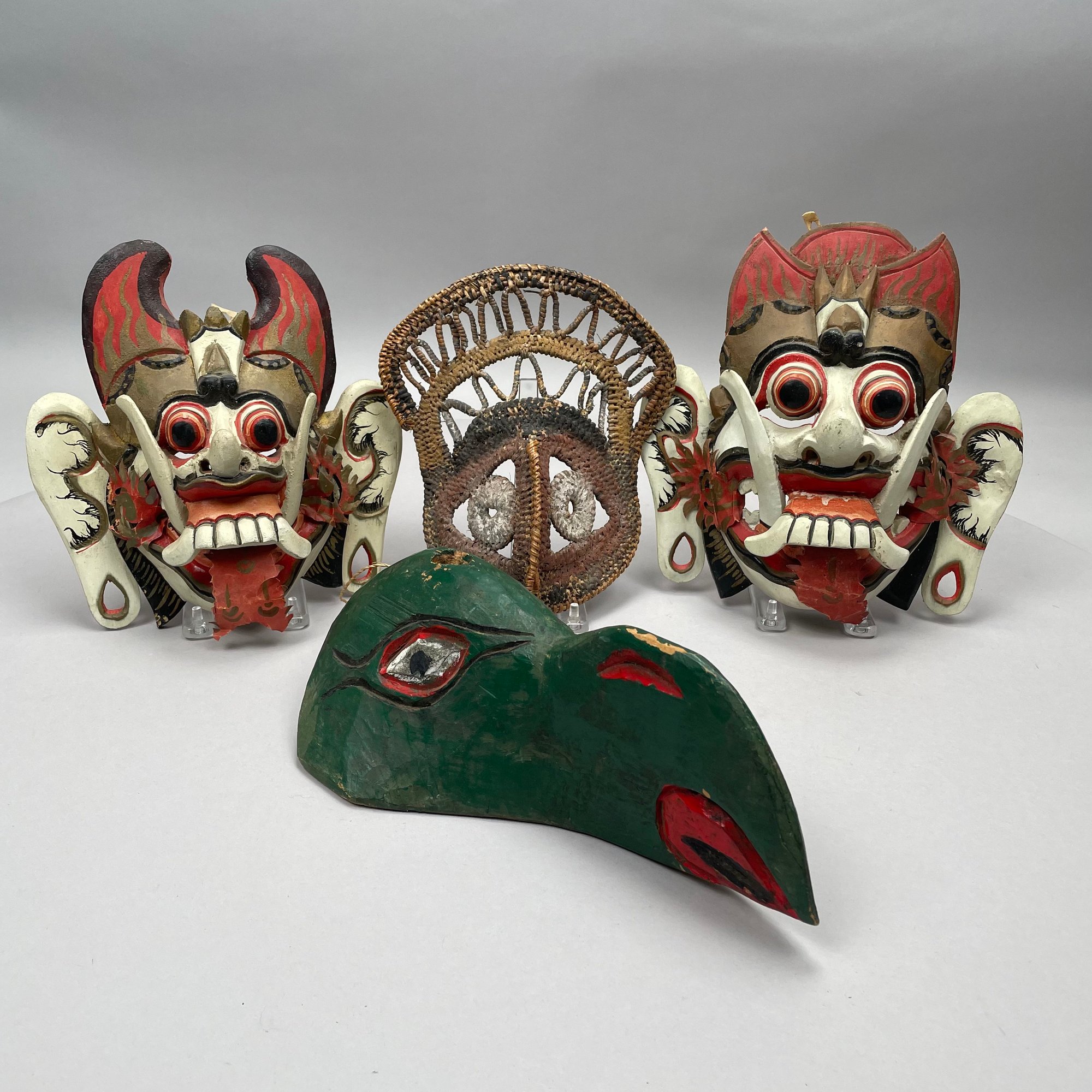 Three Carved & Painted Wood Masks & A Woven Mask #3182 | Auctionninja.com