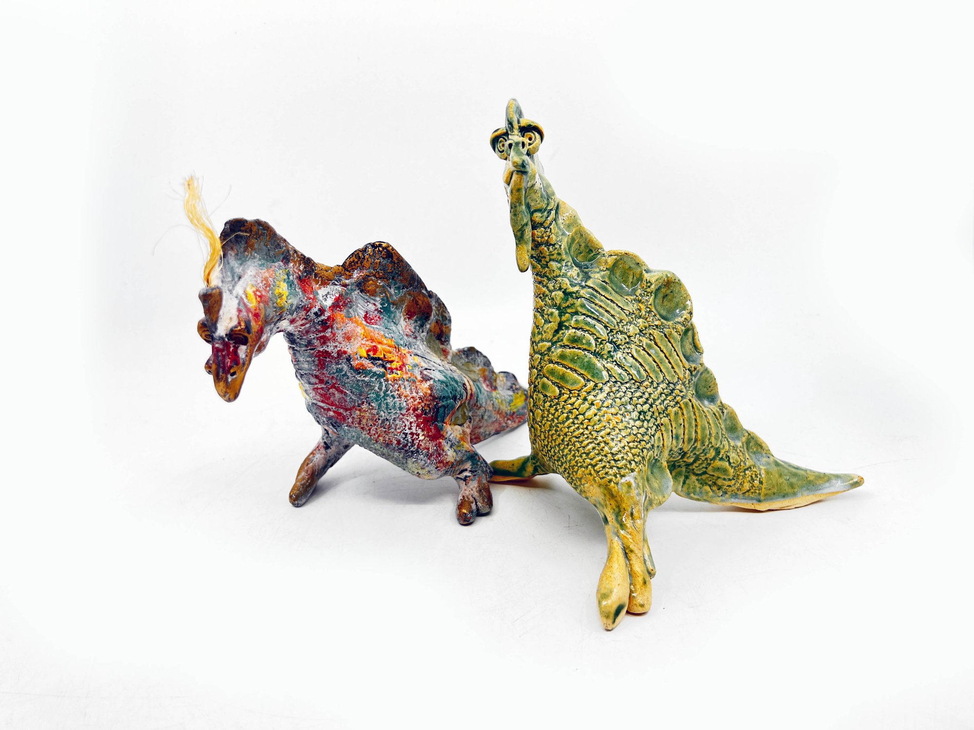 (A-3-4)WHIMSICAL PAIR OF ART POTTERY DINOSAURS BY JOHN FINK, SIGNED ...