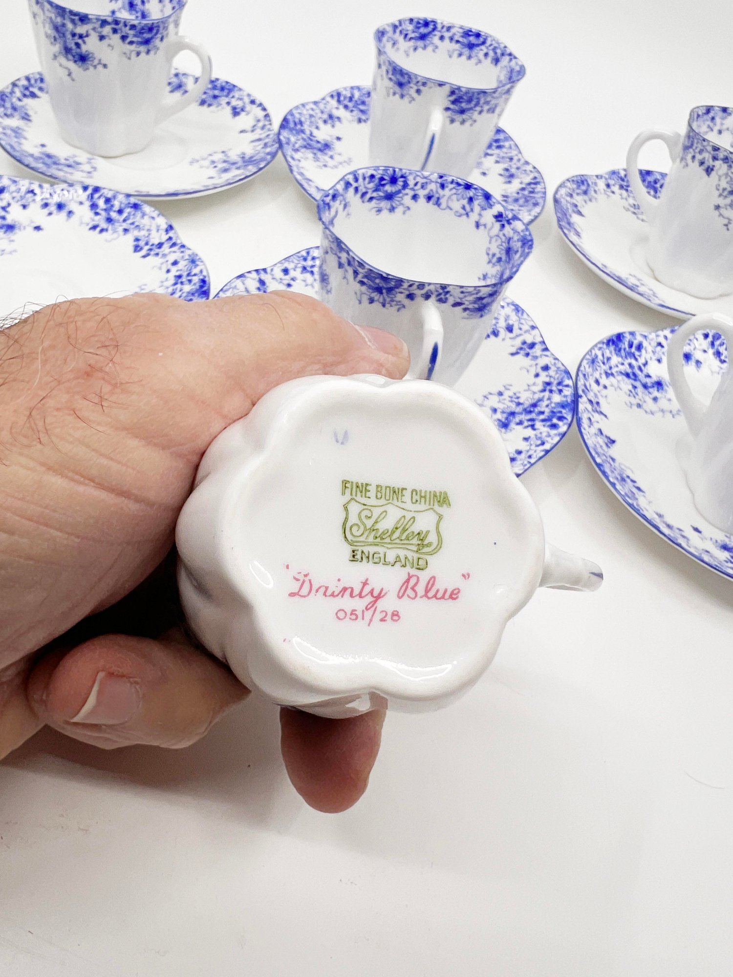 (A-12) ANTIQUE SET OF SIX SHELLY, ENGLAND "DAINTY BLUE" DEMITASSE CUPS ...