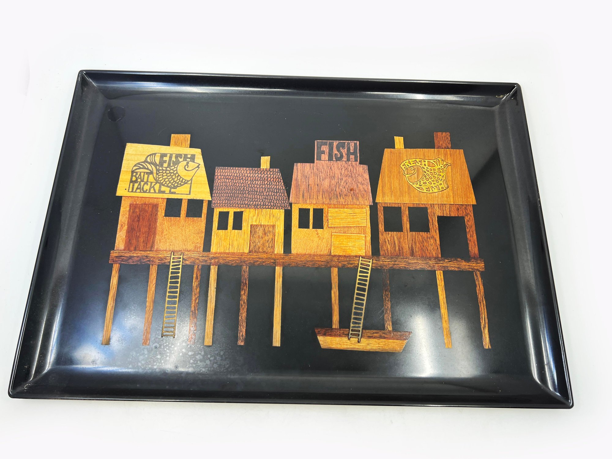 (BAS-35) VINTAGE COUROC MONTEREY FISHING VILLAGE TRAY-INLAID WOOD-18" X ...