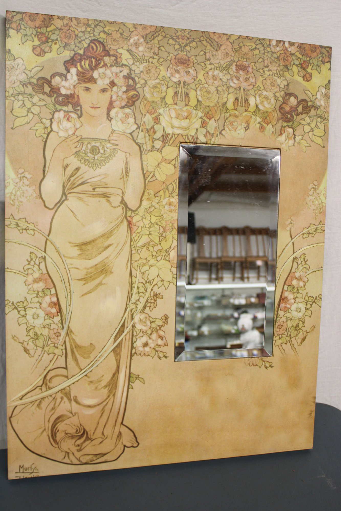 Hand Painted On Canvas Signed Mucha W/ 8x15" Beveled Mirror, 24x32"H ...