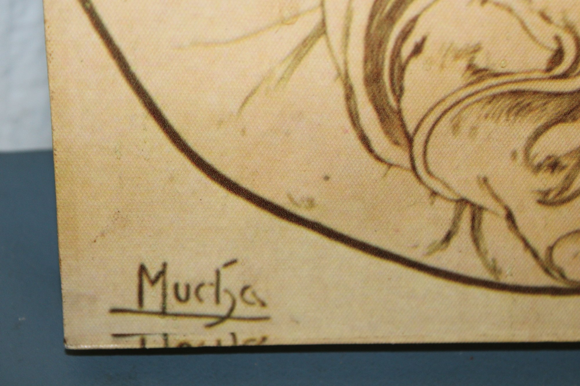 Hand Painted On Canvas Signed Mucha W/ 8x15" Beveled Mirror, 24x32"H ...