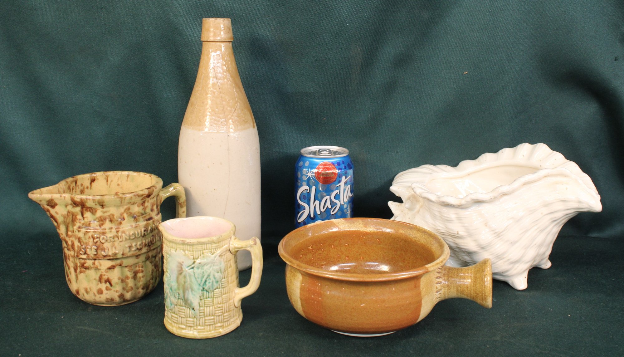 Ceramic: 2 Pitchers, Ginger Beer Bottle (hairline), Conch Shell Bowl ...