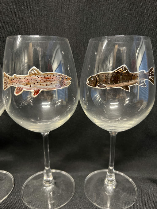 (3) Hand Painted Trout Wine Glasses, (3) Medium Glass Cups, (3) Smaller ...