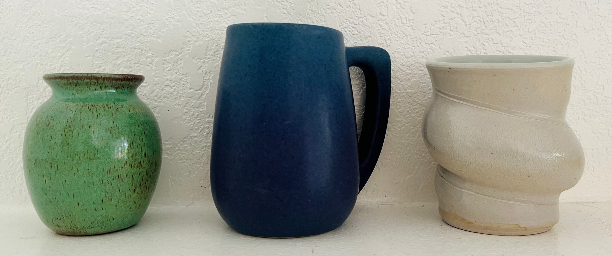 Trio Of Colorful Pottery Art Vessels Including Van Briggle And Pine ...