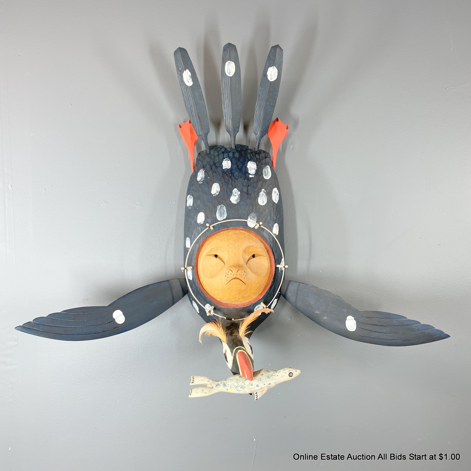 2002 Larry Ahvakana Inupiaq Carved Cedar & Painted Puffin & Seal Mask ...