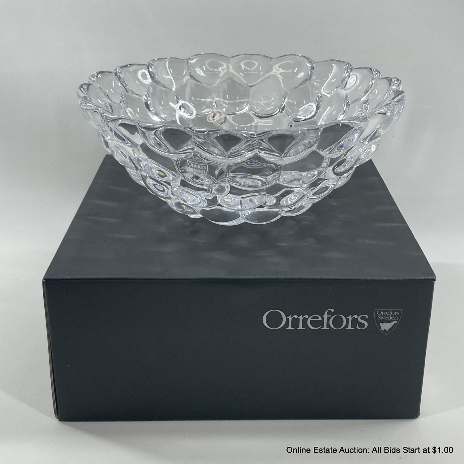 Orrefors Raspberry Crystal Bowl In Original Box #18274 | Auctionninja.com