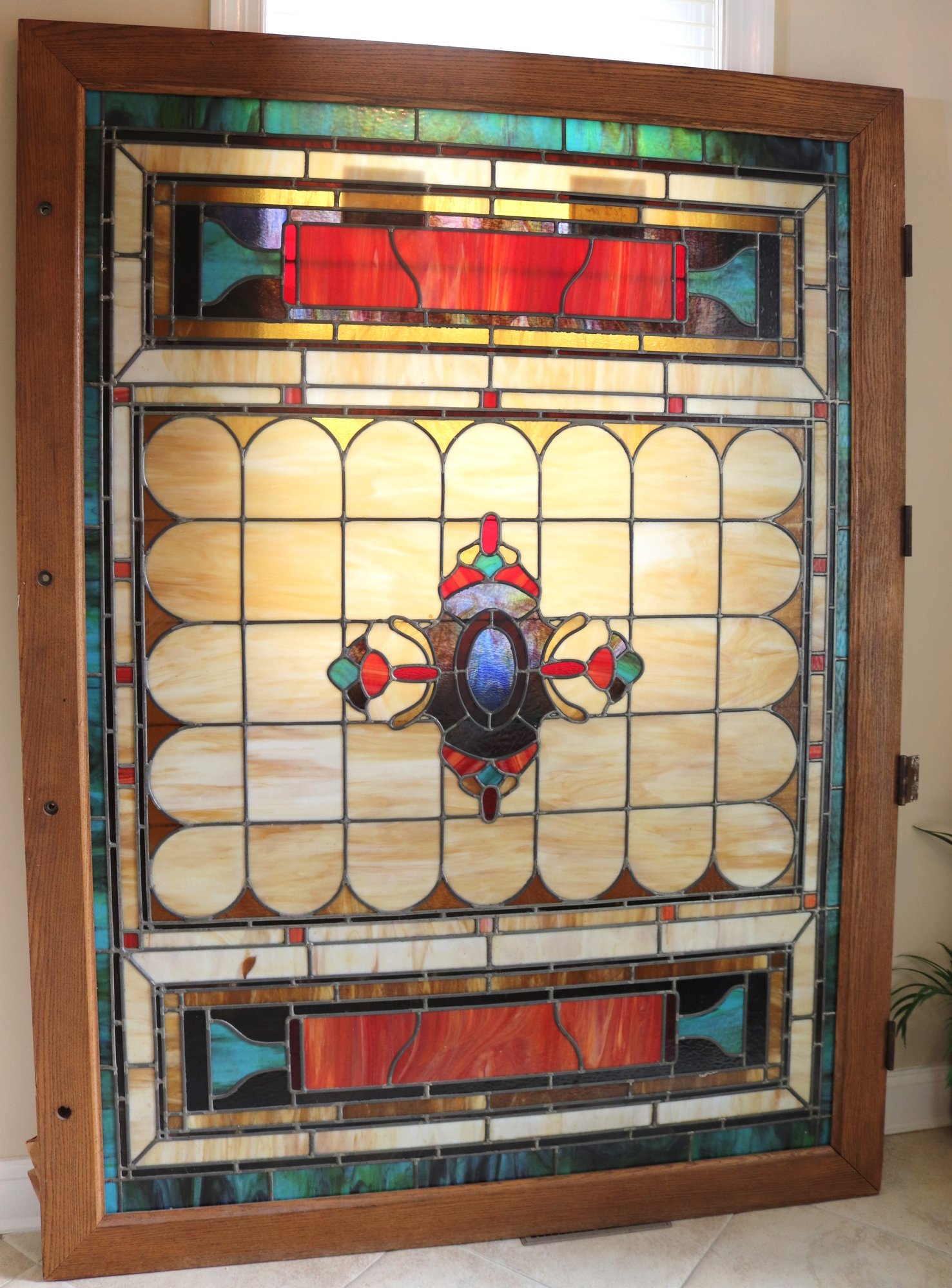 Extra-large Antique Colorful Stained-glass Panel In Oak Door Frame ...