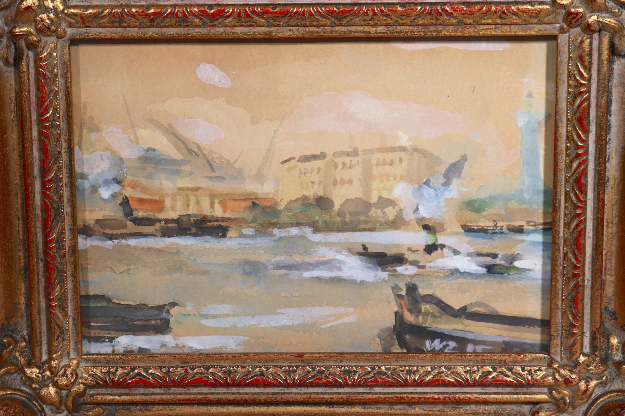 Small Watercolor Painting Of Harbor Scene With Boats In Baroque Gold ...