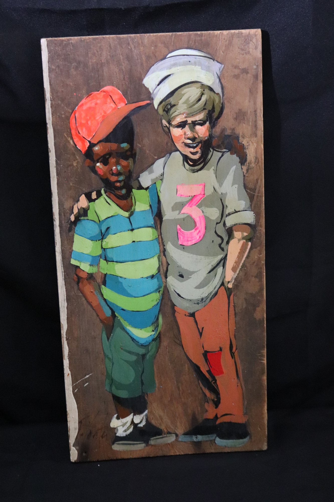 Whimsical Bob Carter, 1982 Signed Painting On Wood Plank, Of 2 Young ...