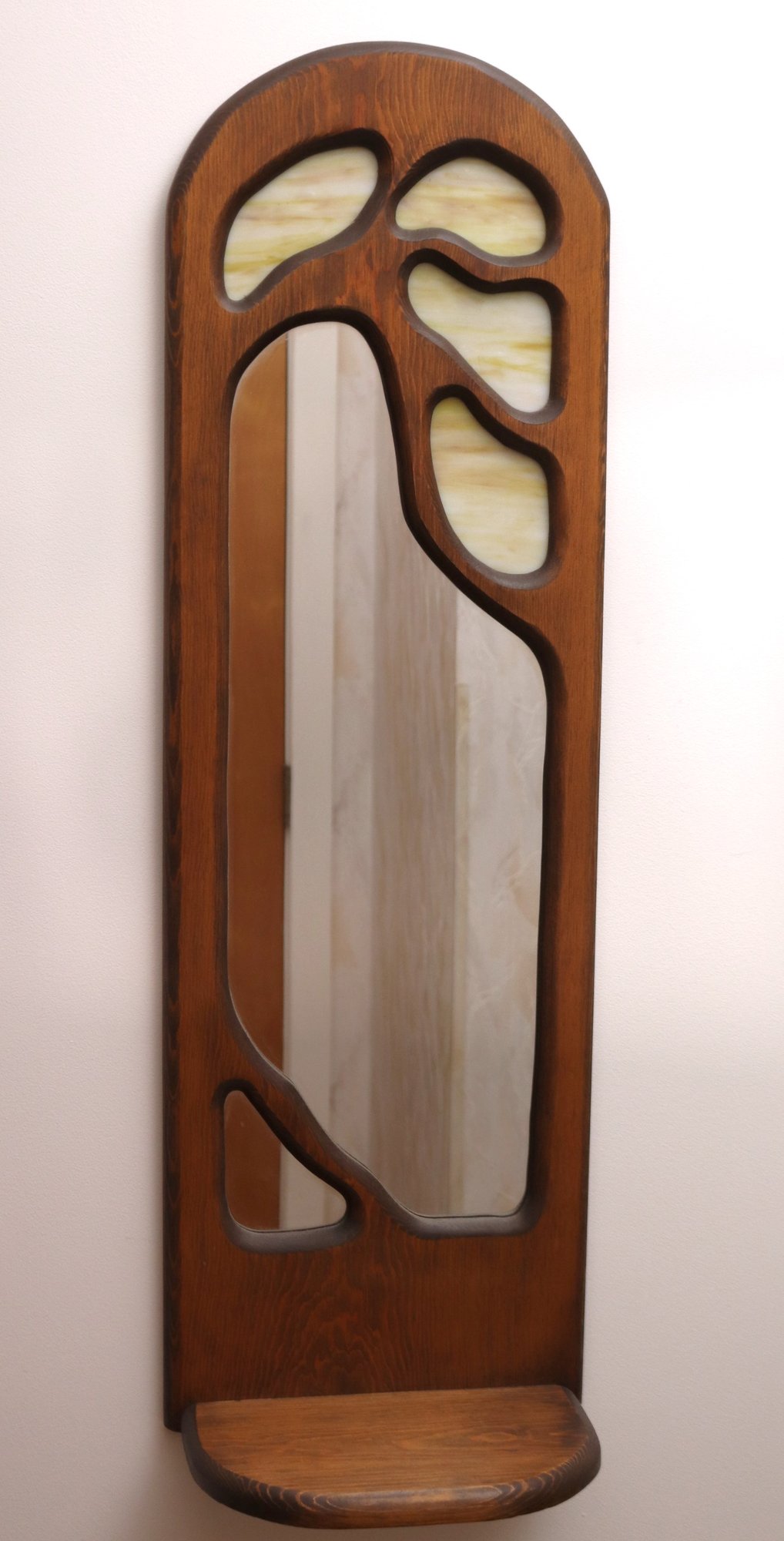 Woodstock Era Hall Mirror In Oak With Stained Glass Panels And Shelf ...