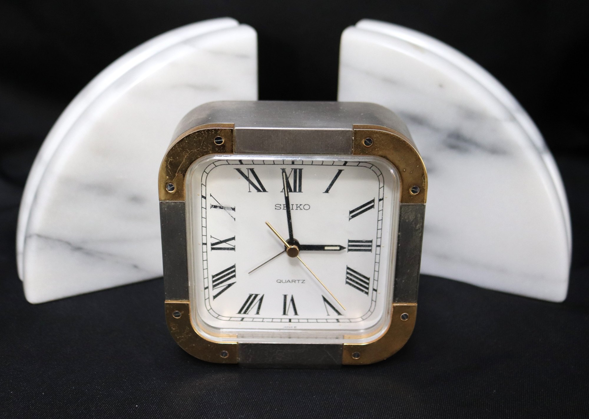 Modern Marble Bookends And Seiko Quartz Clock In Chrome And Brass ...