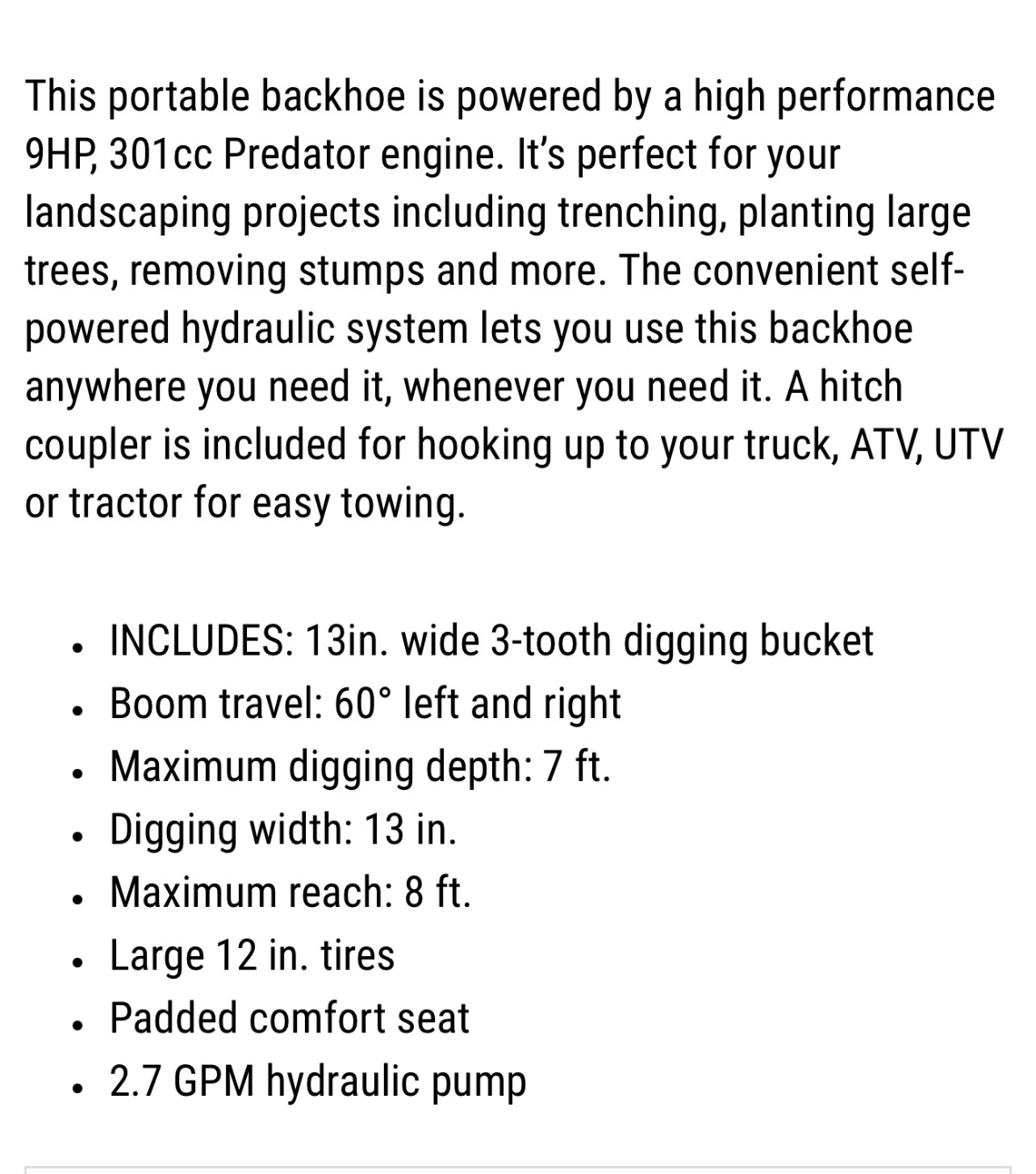 Portable Backhoe Powered By A High Performance 9HP, 301cc Predator ...