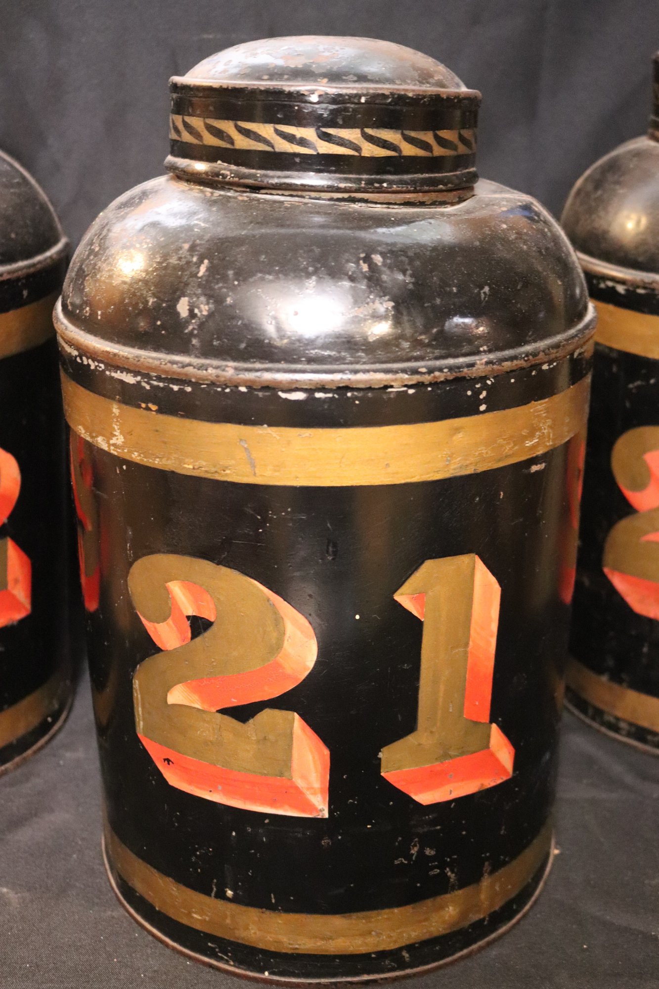 Three Large Antique English Metal Tea Caddies With Painted Numbers ...
