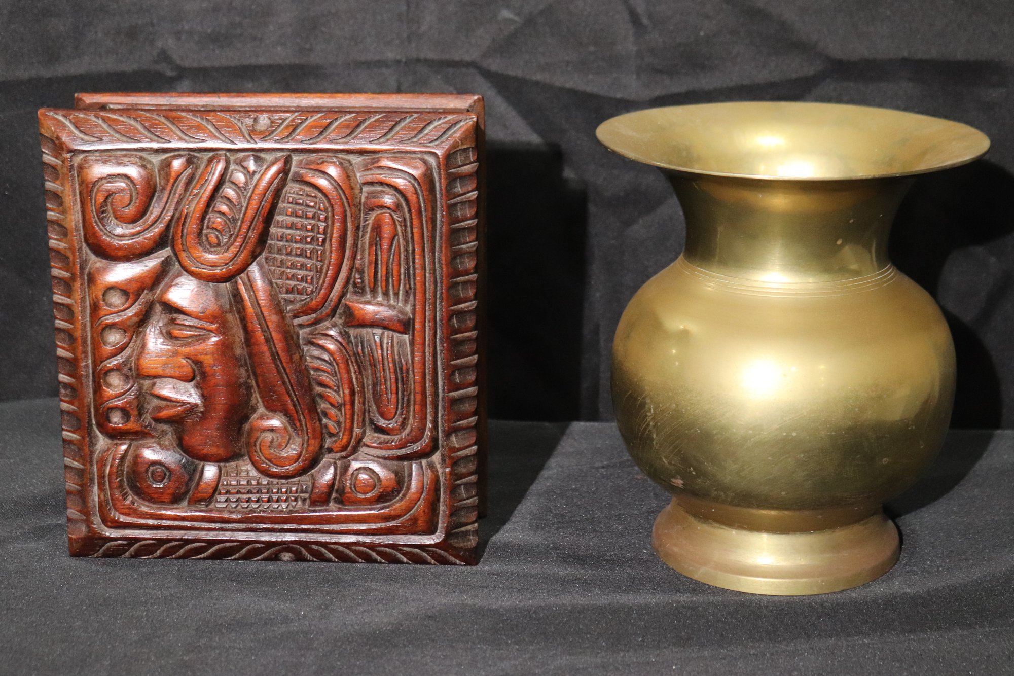Includes A Brass Spittoon And Hand Carved Folk Art Wood Box That Opens ...