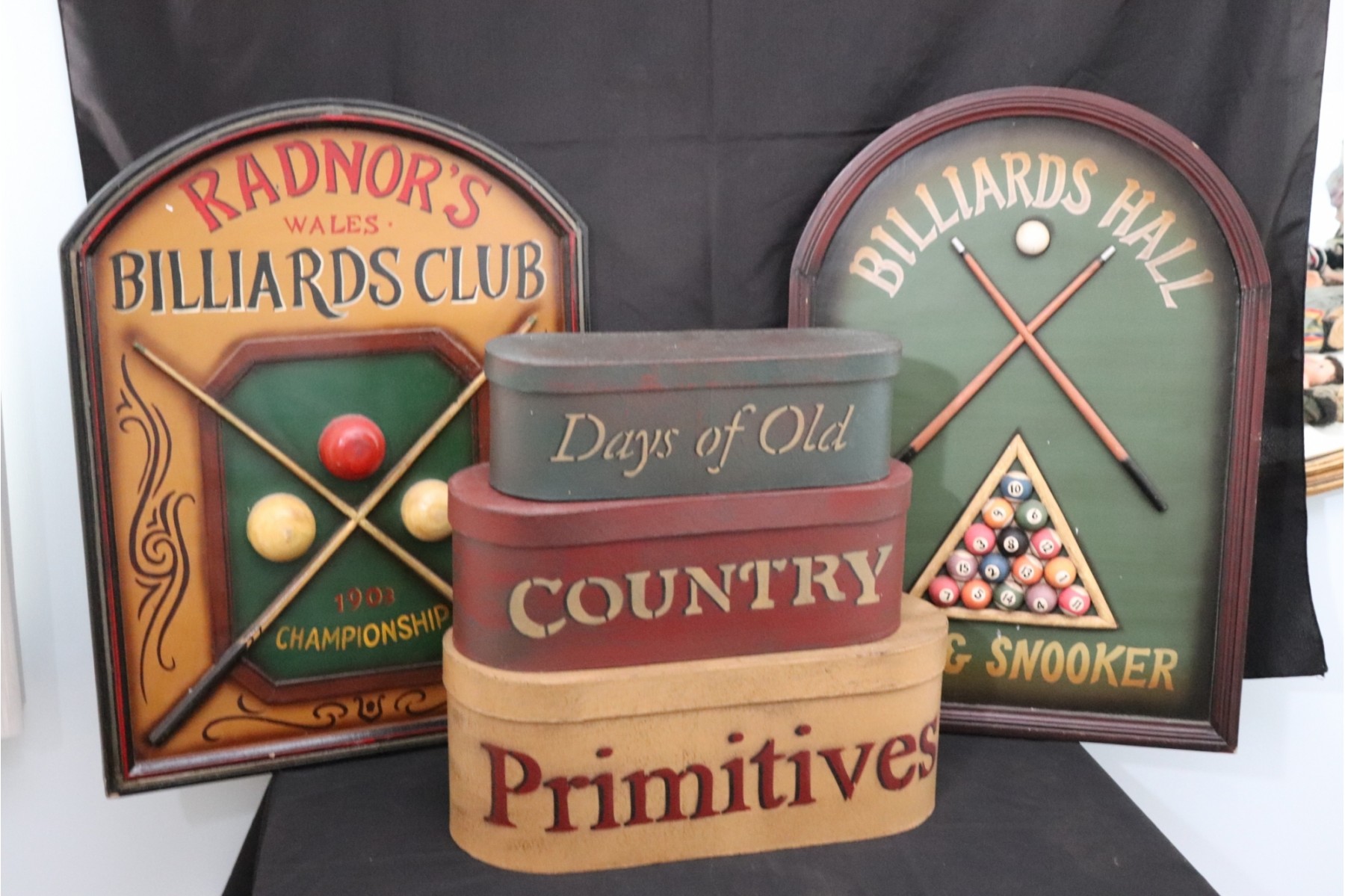 Two Billiard Hall Signs And 3 Primitive Style Boxes With Stencil ...