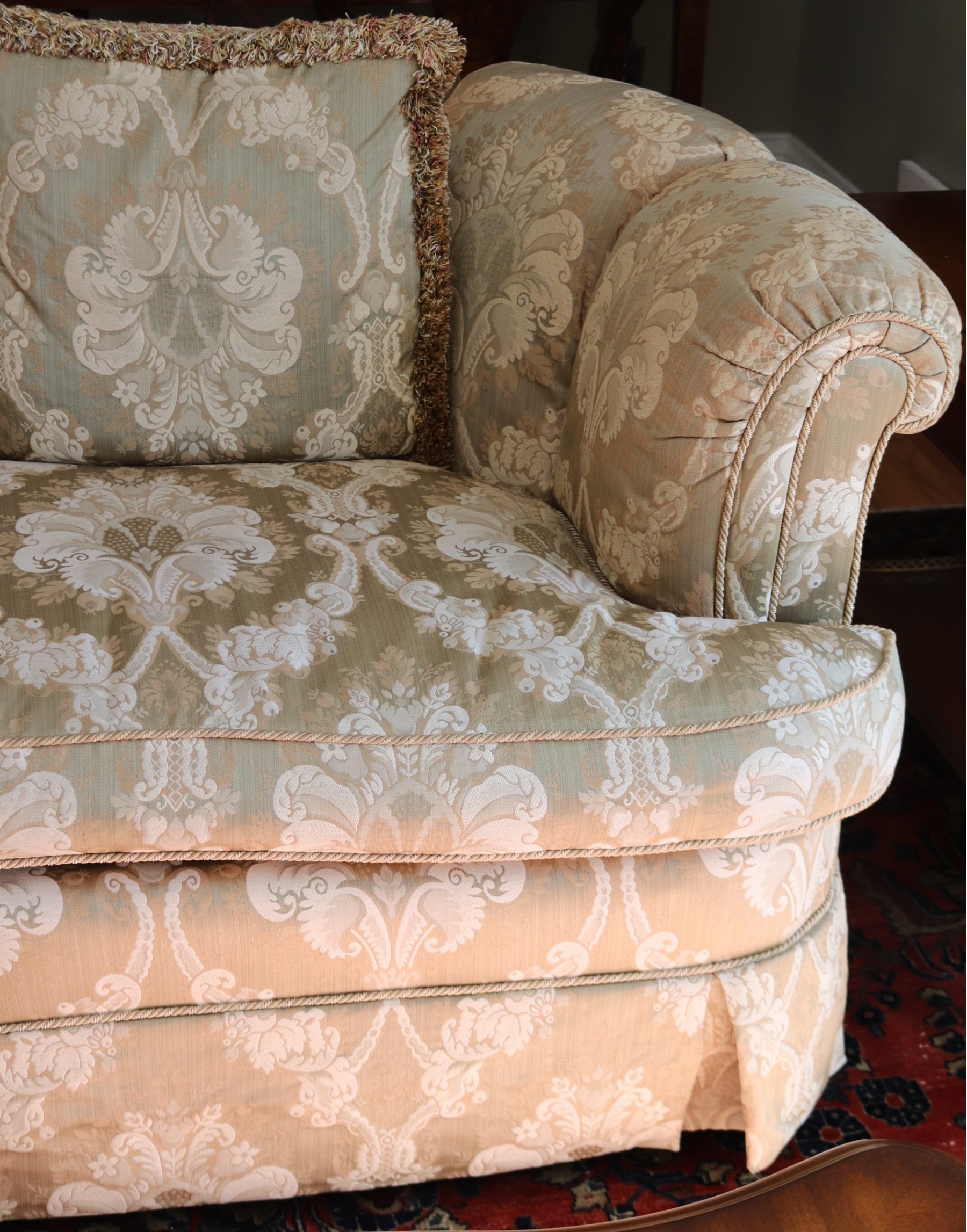 Beacon Hill Roll Arm Sage Green Damask Sofa With 2 Large Seat Cushions ...