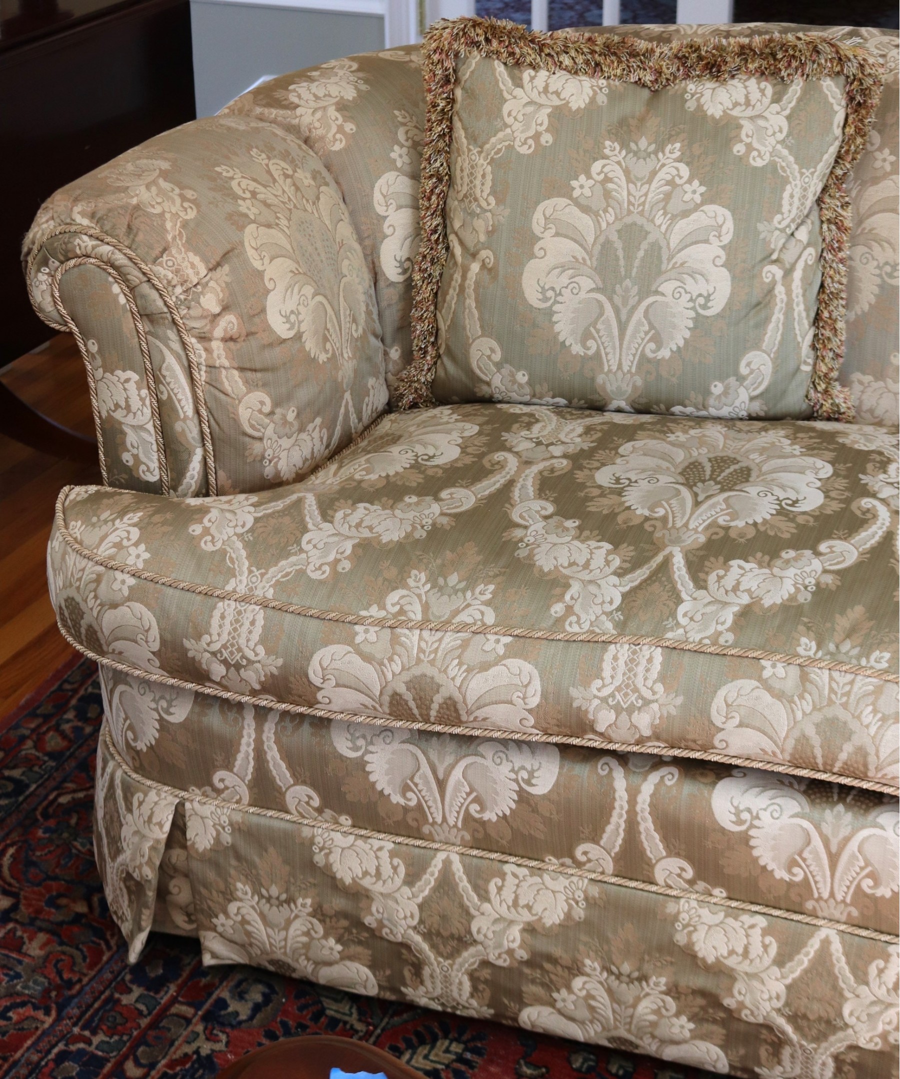 Beacon Hill Roll Arm Sage Green Damask Sofa With 2 Large Seat Cushions ...