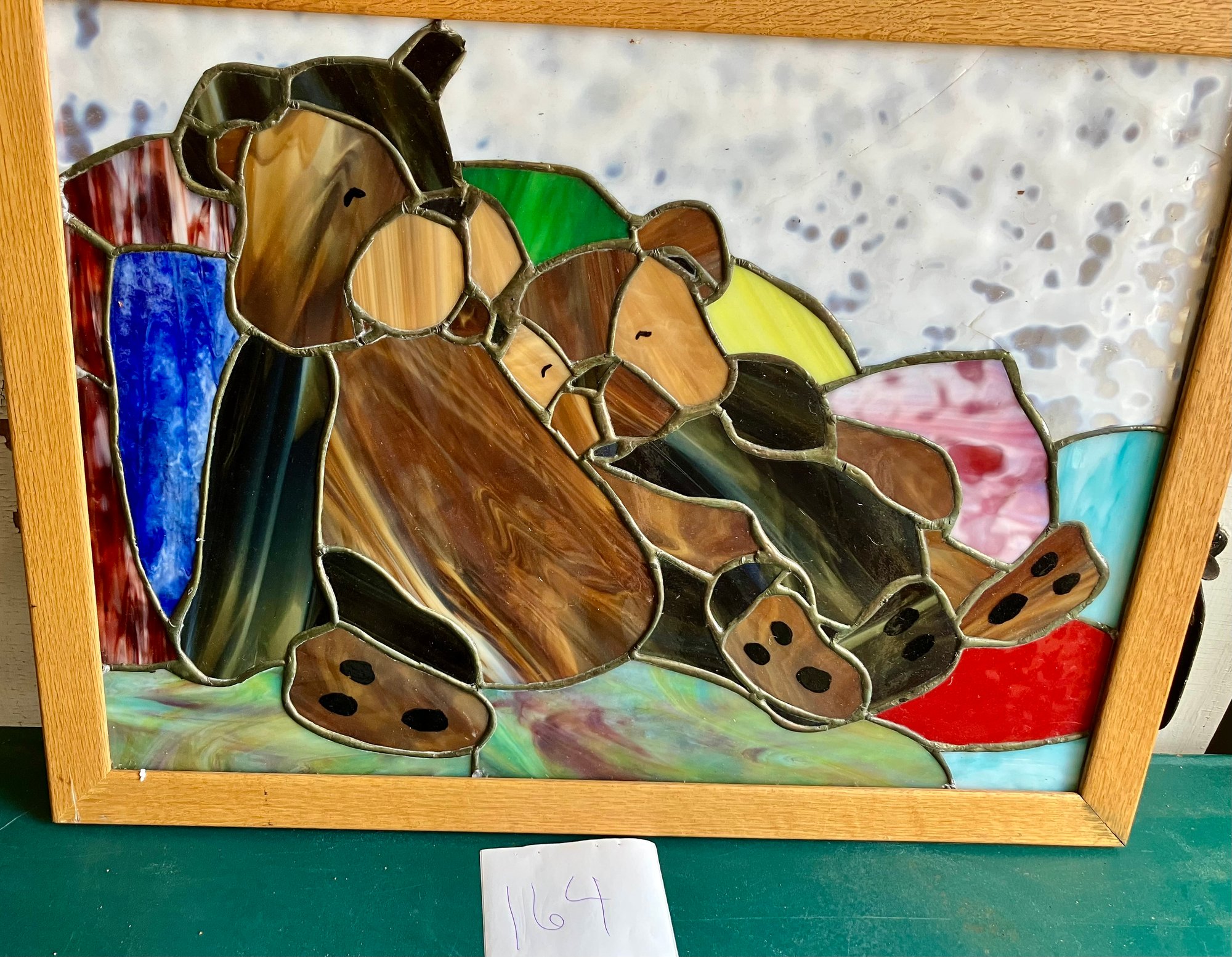 #164 Stained Glass Window Of 2 Hugging Teddy Bears, In 18"x24" Oak ...