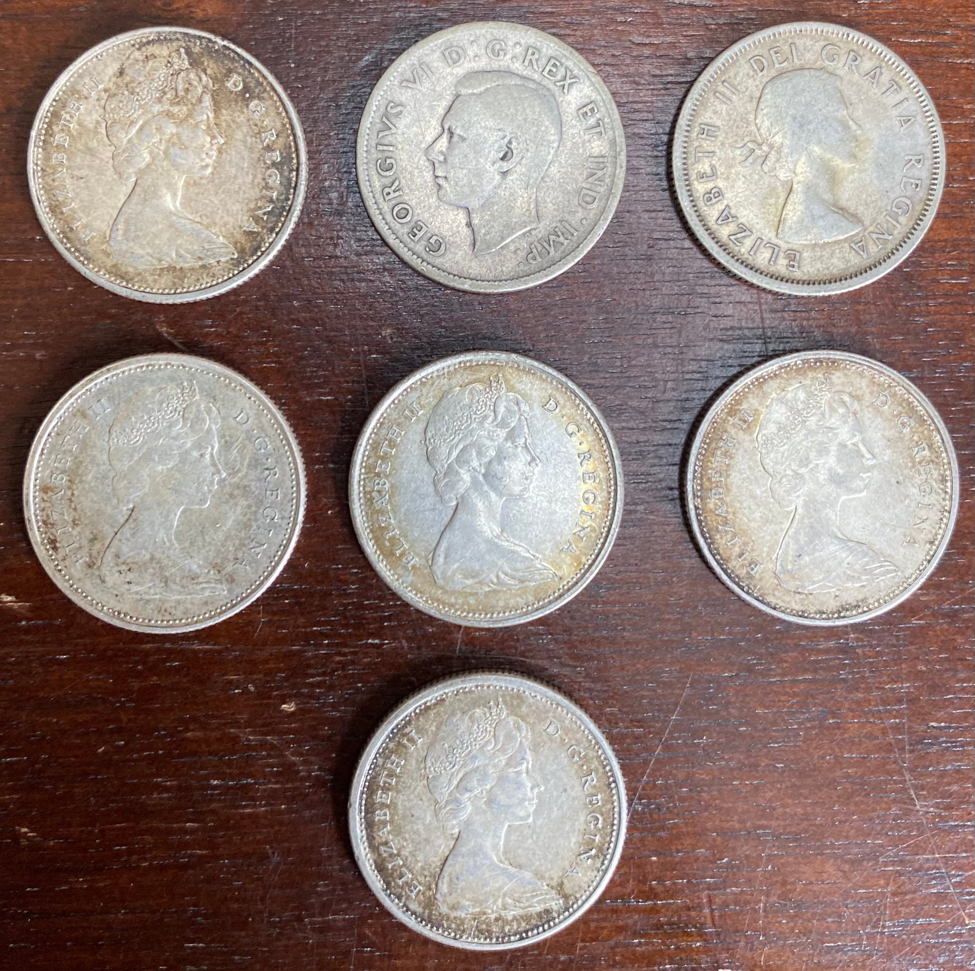 MIXED LOT OF Seven (7) Canadian Canada Silver 25 Cent Quarters, (6 ...
