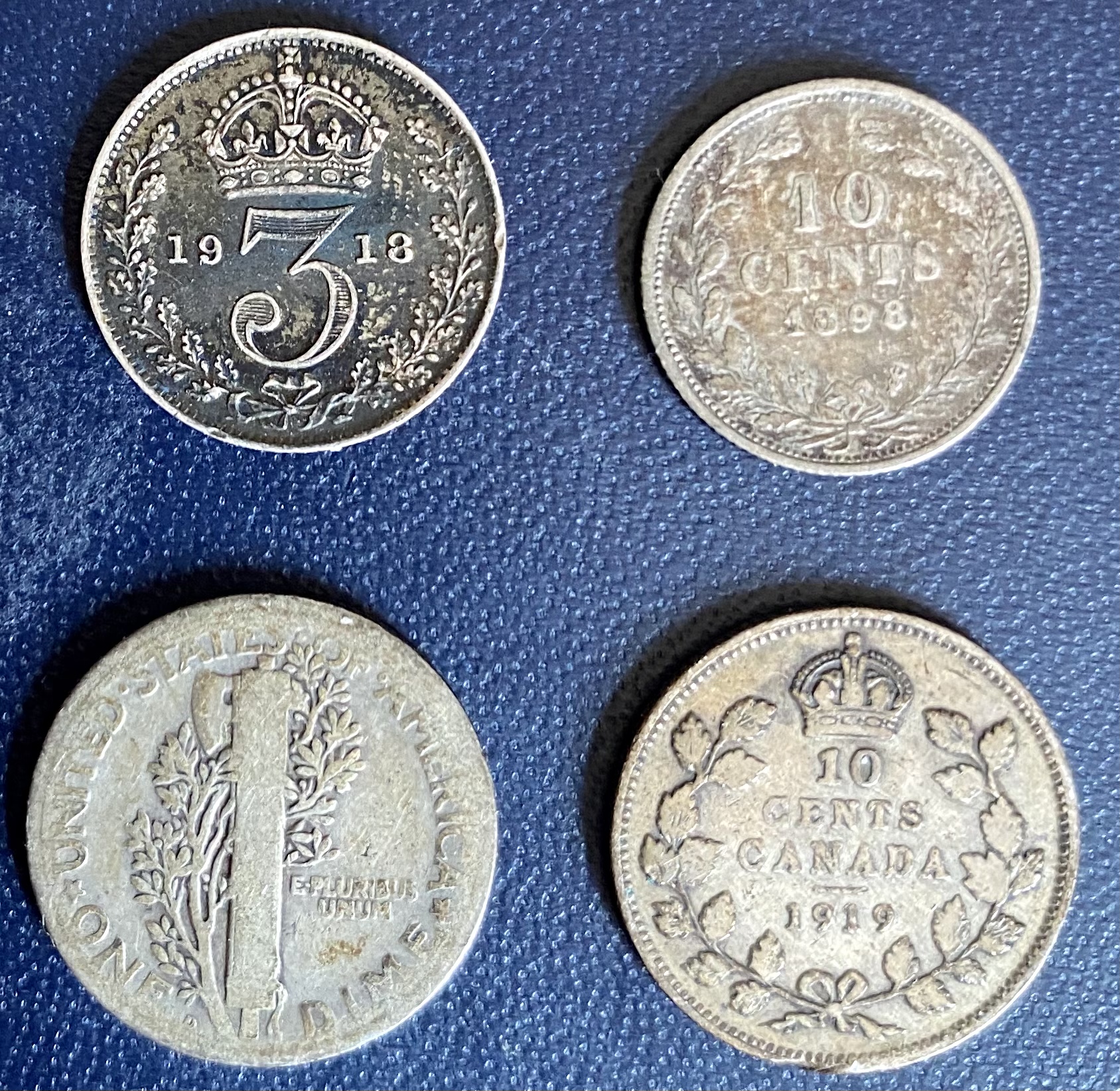 4 Coins: 1898-Netherlands 10 Cents, 1918-Great Britian 3 Pence , 1919 ...