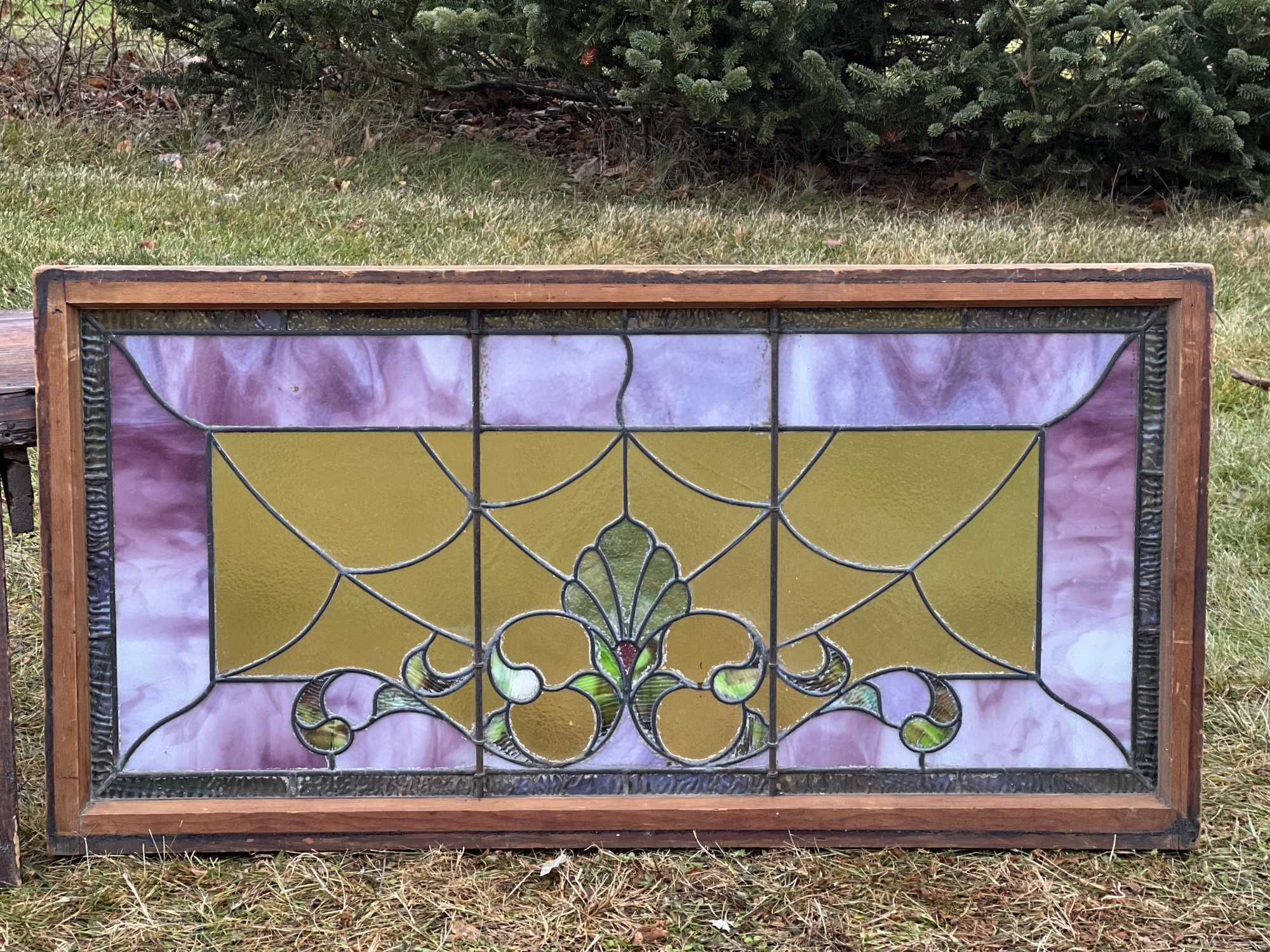 GREAT LEADED GLASS WINDOW With SLAG GLASS BORDER #36104 | Auctionninja.com