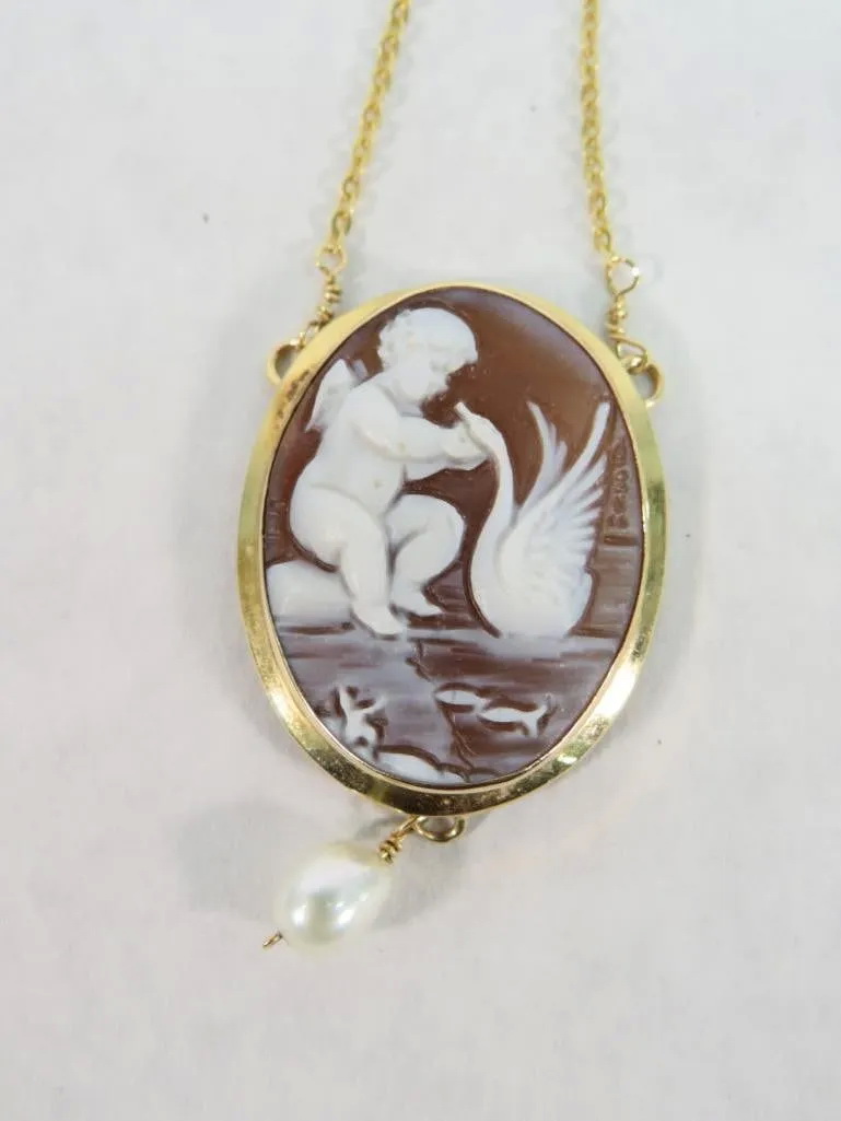 STUNNING 14K GOLD CAMEO ANGEL WITH SWAN NECKLACE #2342 | Auctionninja.com