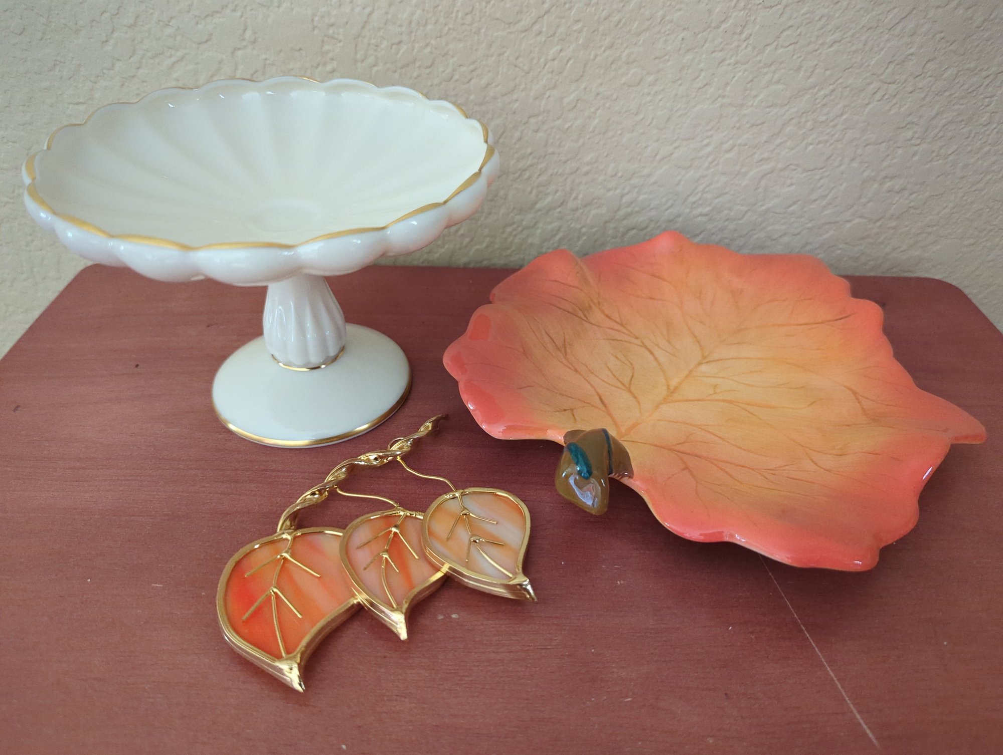 3 Pc Fall Decor - Lennox Porcelain Riser- 6"x4", Porcelain Leaf Dish, 4" Stained Glass Leaves ...