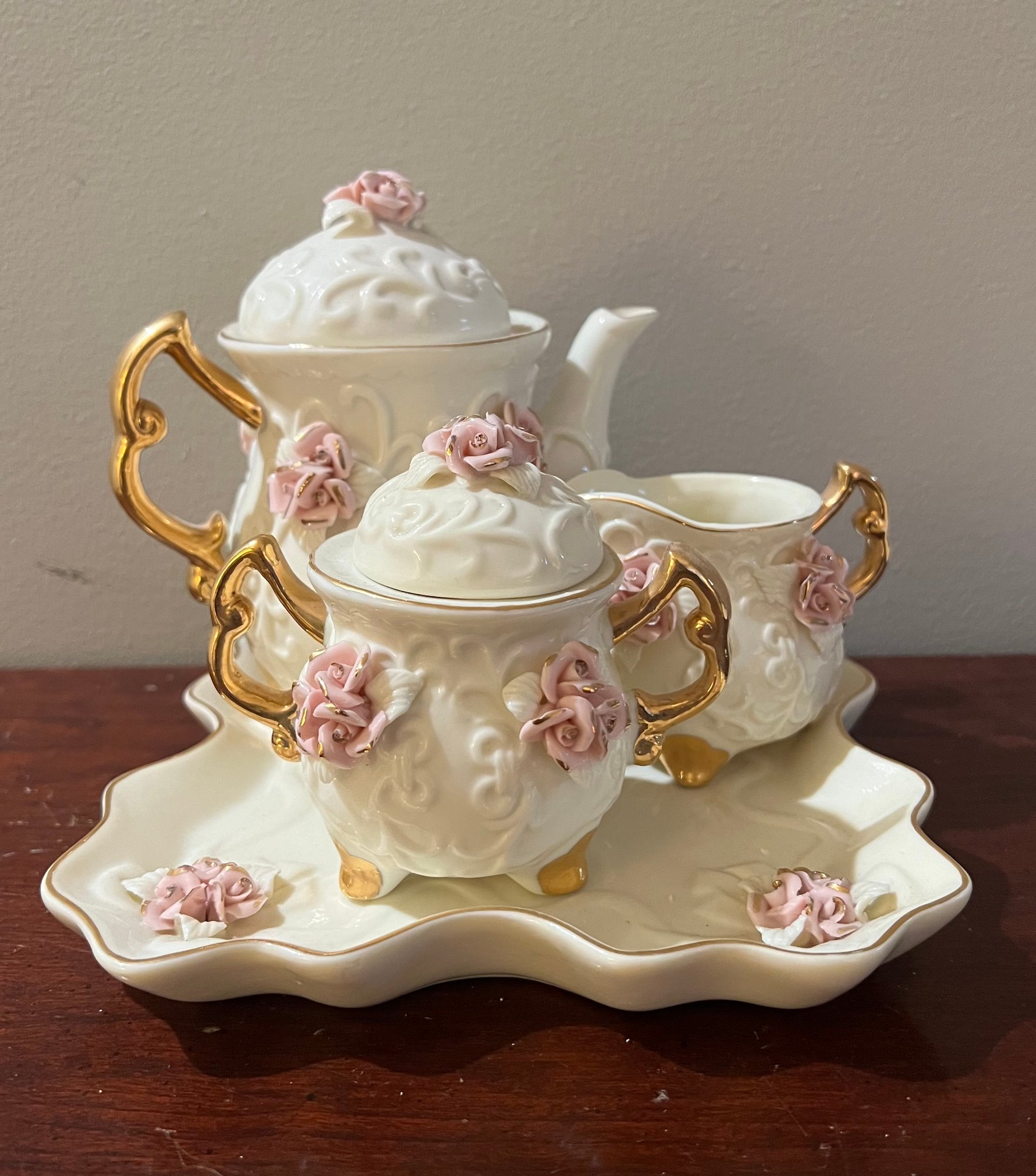 Vintage Cracker Barrel Ivory Porcelain Tea Set With Raised Pink Rose ...