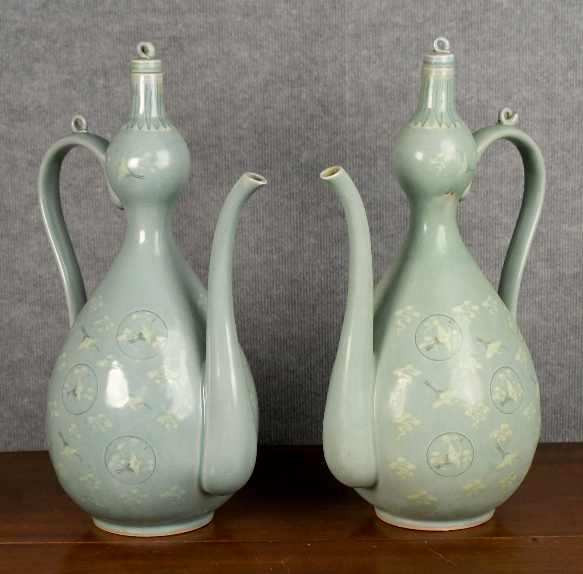 Pr. Vintage Korean Stork Decorated Celadon Ewers (CTF20) #36033 ...