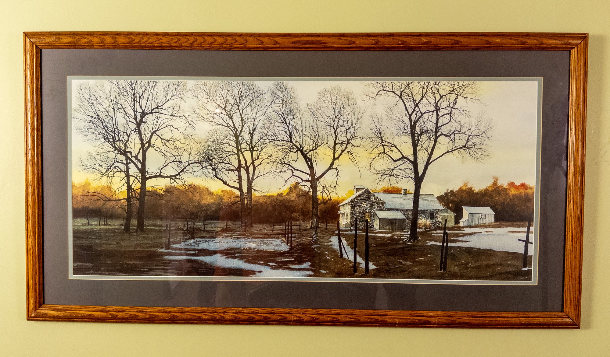 Framed Landscape Print - Snowy Farmstead Scene With Trees And Building ...