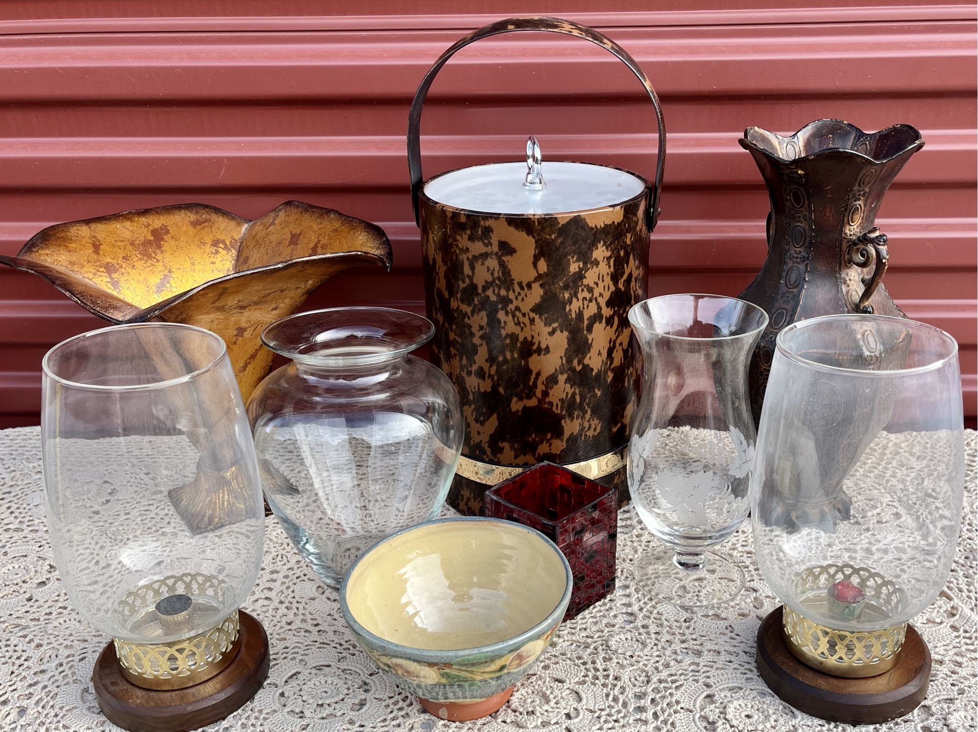 Ice Bucket, Antiqued Brassy Tin Vases, W/ Glass & Pottery Items #6121 ...